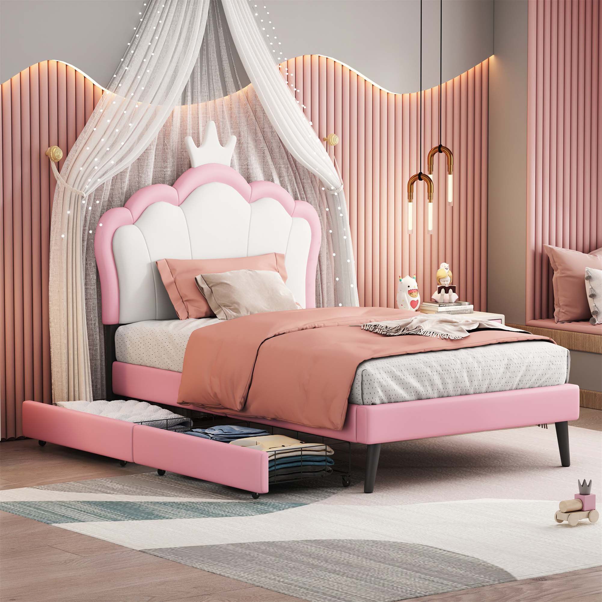 Ophelia & Co. Upholste Princess Bed With Crown Headboard And 2 Drawers ...