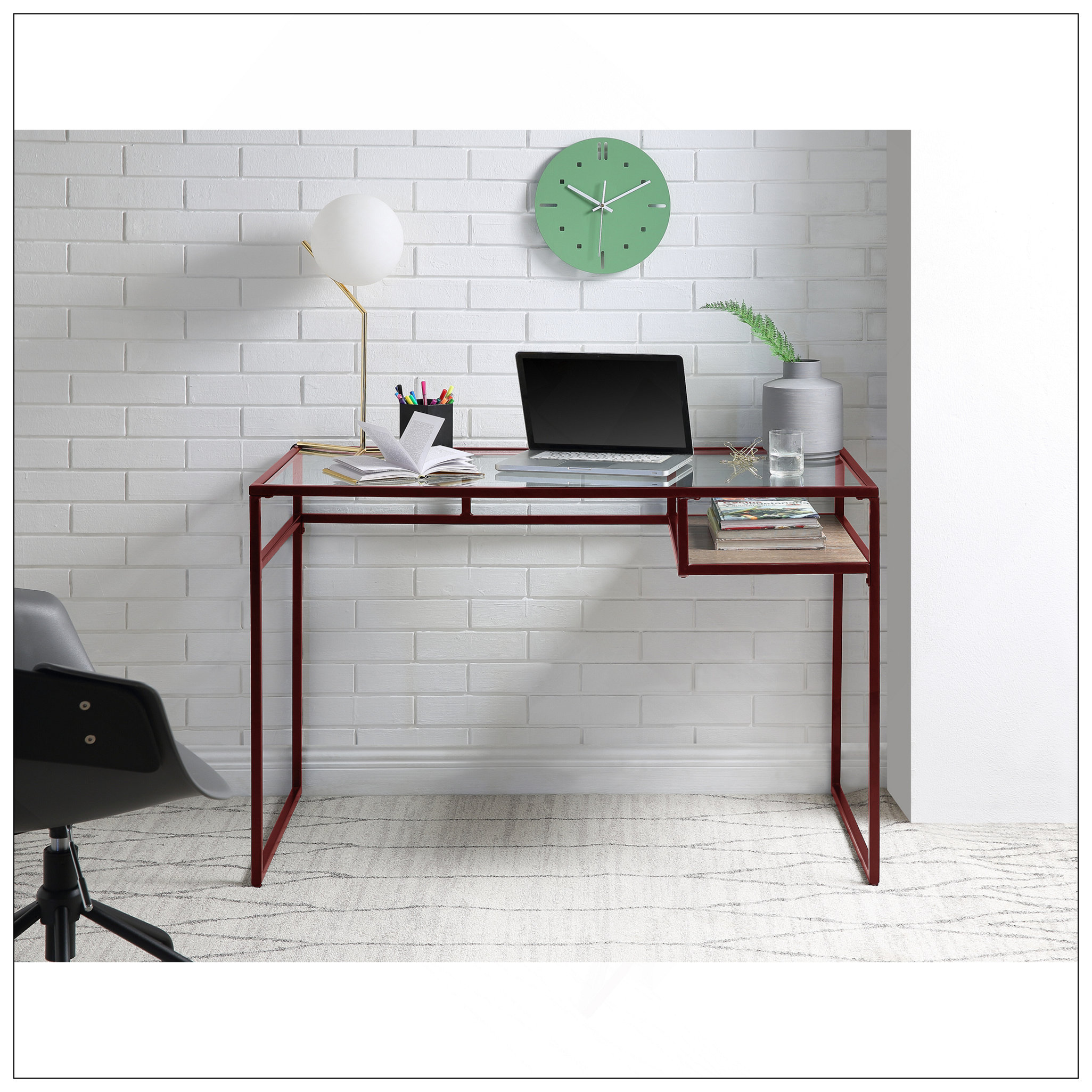 Ebern Designs Versatile Metal And Glass Writing Desk With Open Shelf ...
