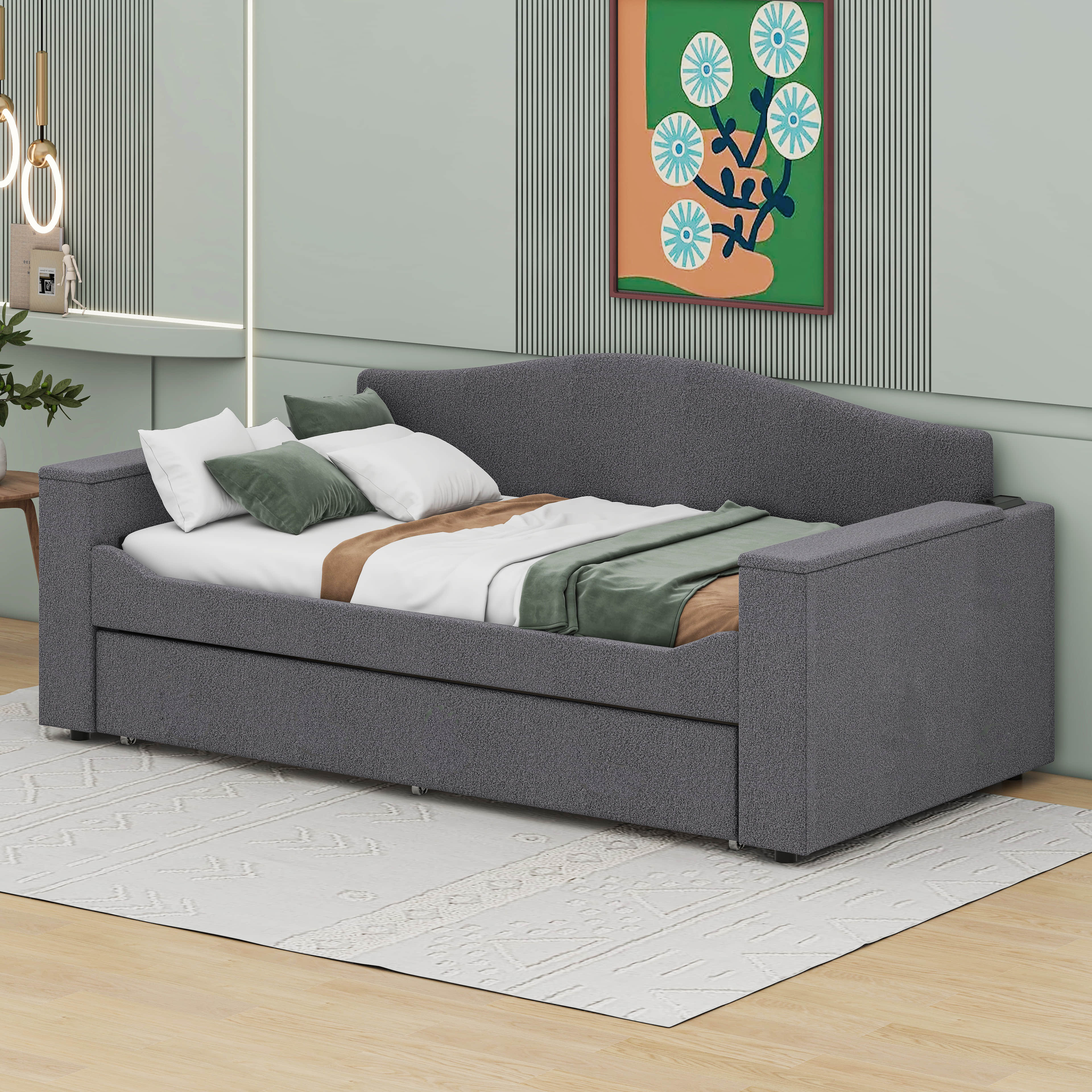 Cosmic Twin Size Upholstered Daybed with Storage Armrests, Trundle and ...