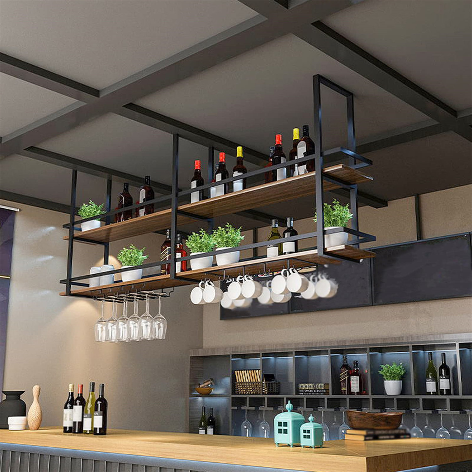 17 Stories Gerthilde Hanging Wine Bottle & Glass Rack | Wayfair