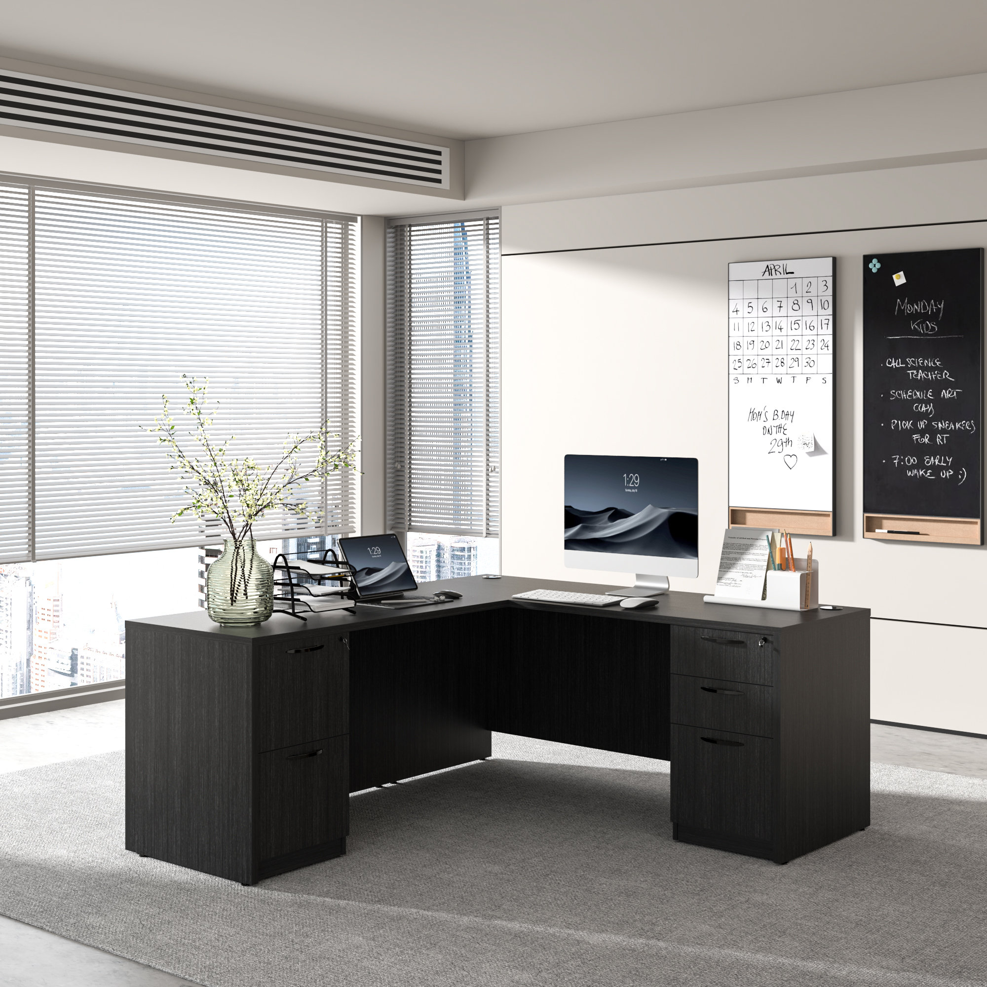 Inbox Zero Nhyira L-Shaped Executive Desk With File Storage Cabinets ...
