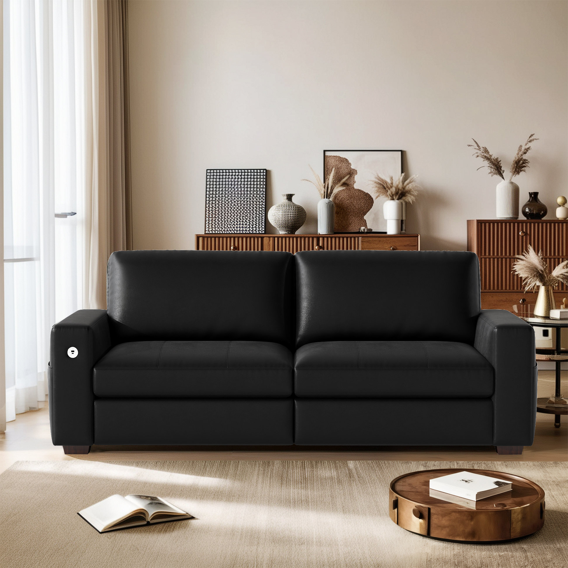 Ebern Designs Yakina 89'' Upholstered Modern Vegan Leather Sofa with ...