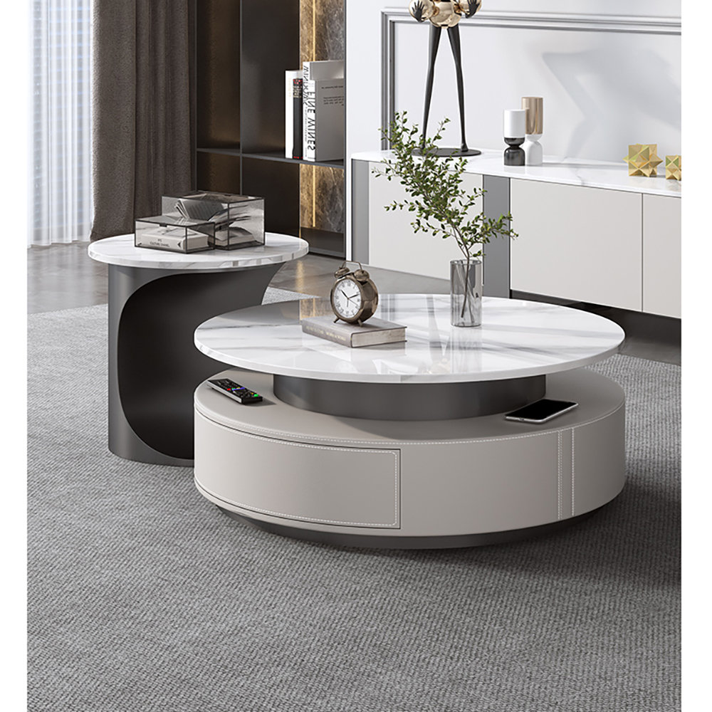 Hokku Designs Faux Leather Round Coffee Table Sets With Storage Solid ...