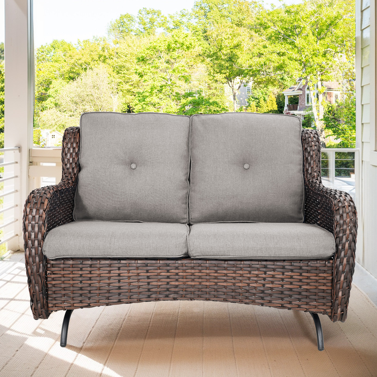Hummuh Carolina Patio Outdoor PE Wicker Glider Loveseat With Cushions ...