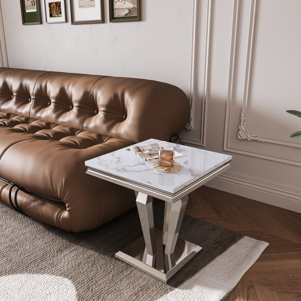 Everly Quinn 22.8" End Table With Faux Marble Top & Stainless Steel ...