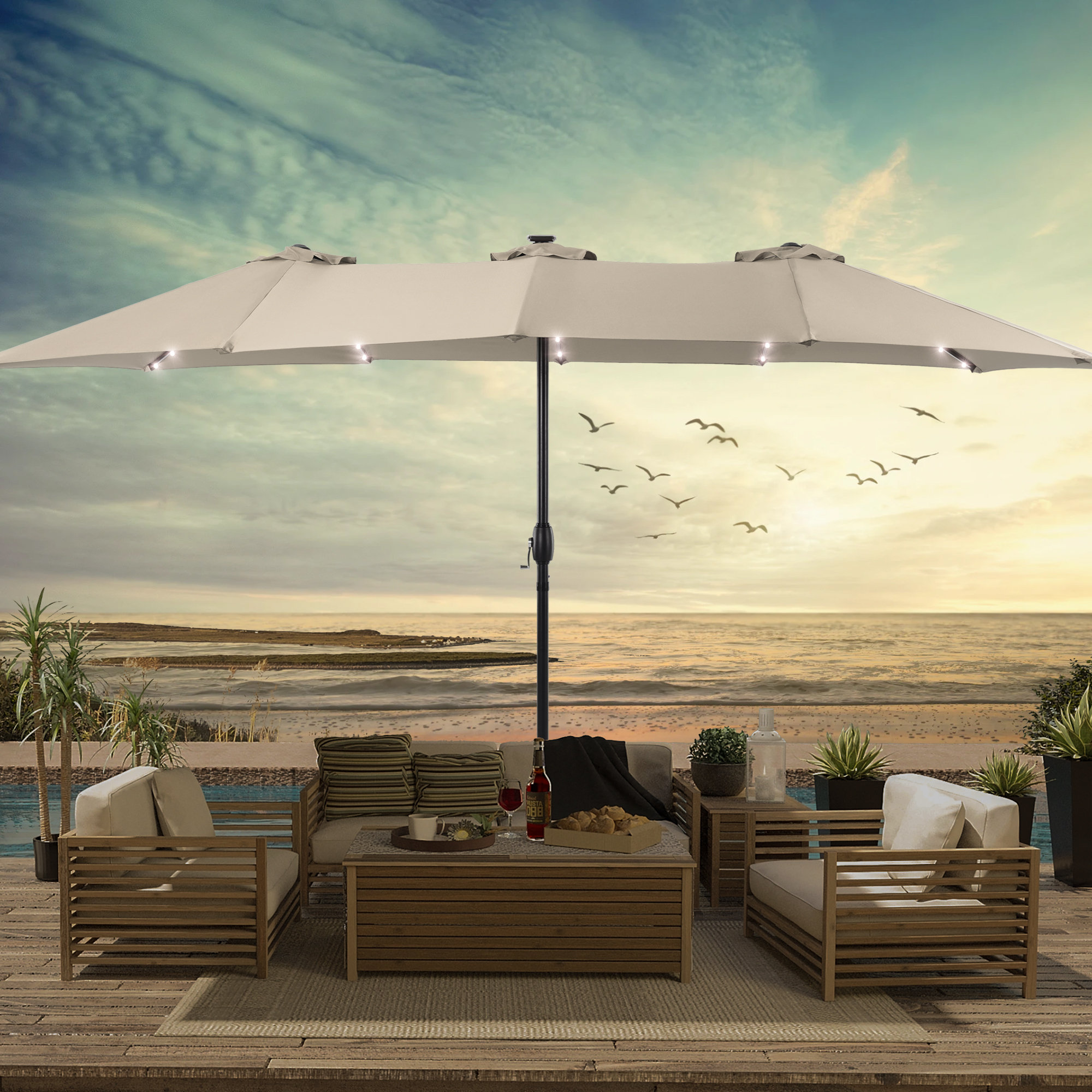 Arlmont & Co. Ruhena 180" × 108" Lighted Market Umbrella Rectangular ...