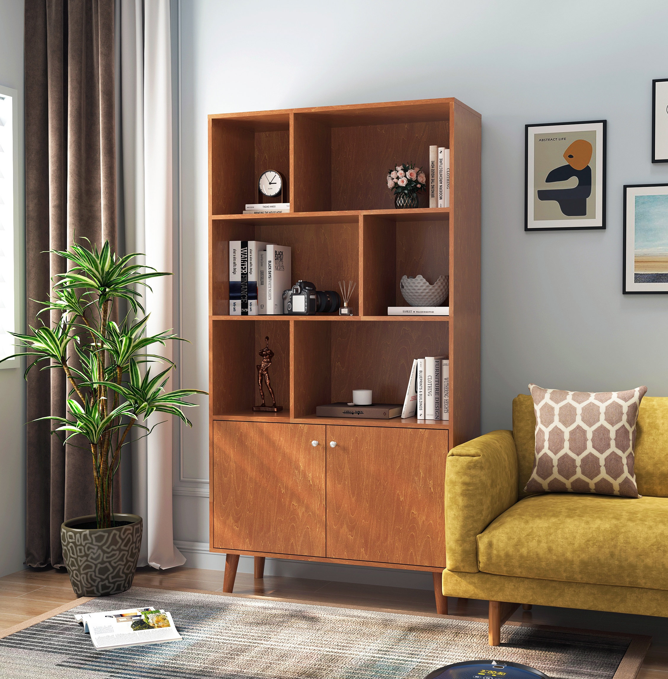 George Oliver 67" Bookcase with Doors, 3-tier Bookshelf, Honey ...