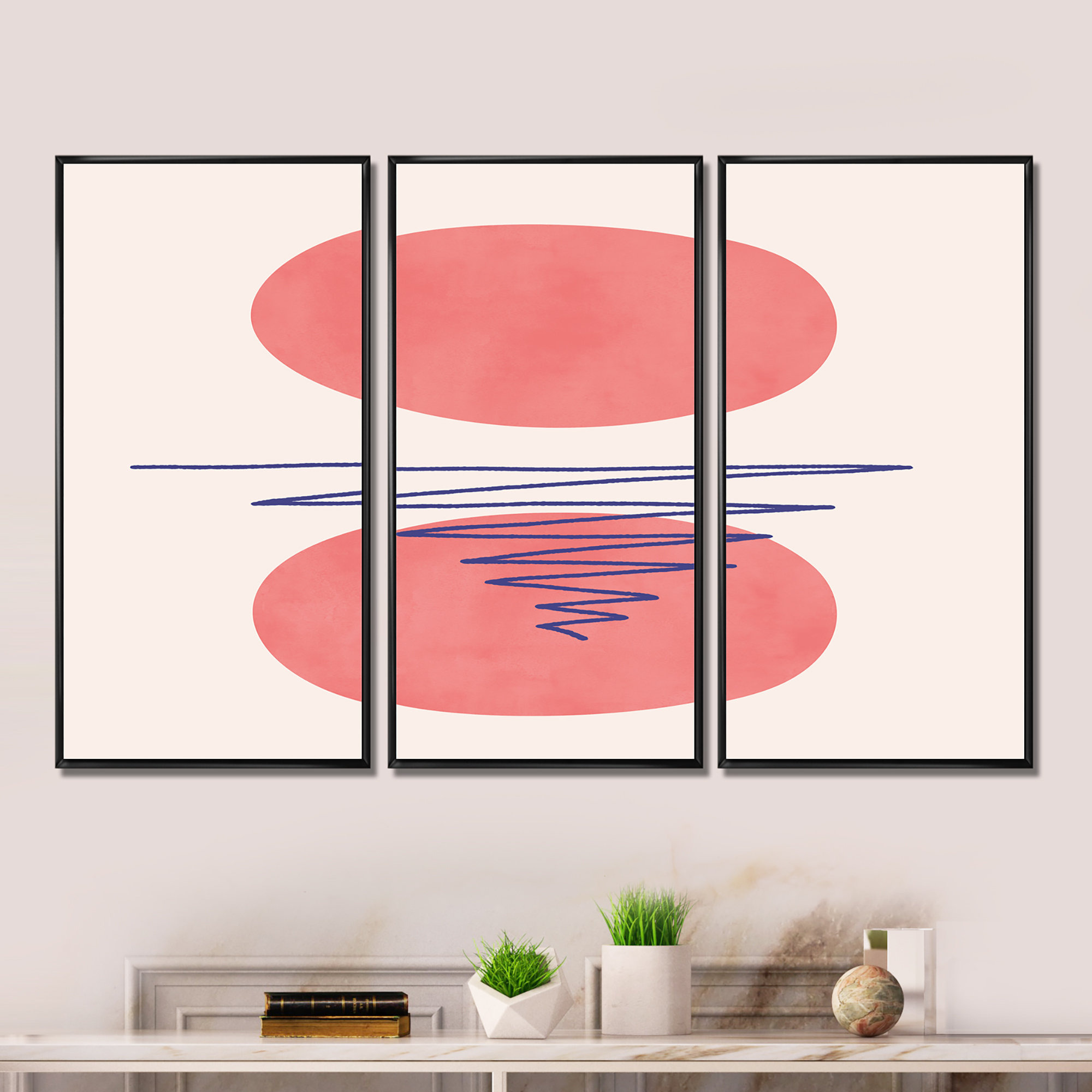 Wrought Studio™ Two Abstract Red Moons - 3 Piece Floater Frame Print on ...