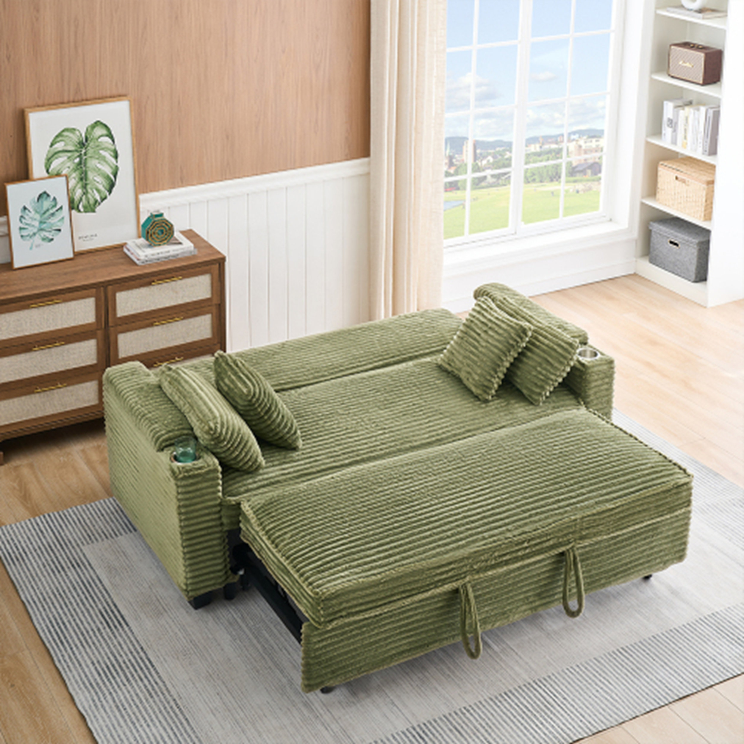 Latitude Run® 80" Corduroy Multifunctional Expandable Sofa Bed with Cup ...