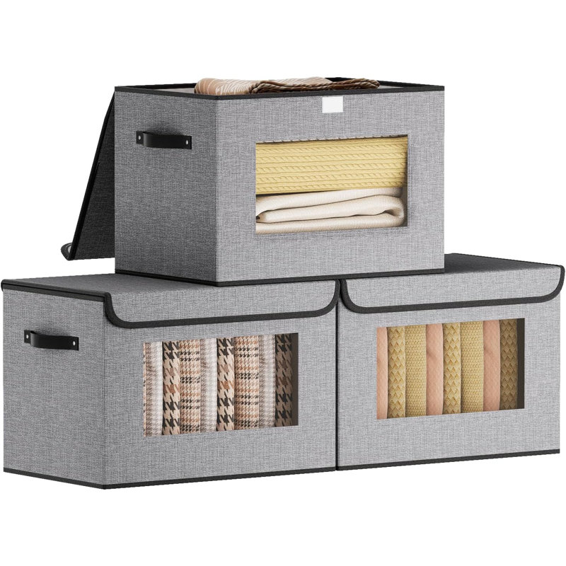 Latitude Run® 3-pack Gray Linen Storage Cubes With Lids & Handles | Wayfair