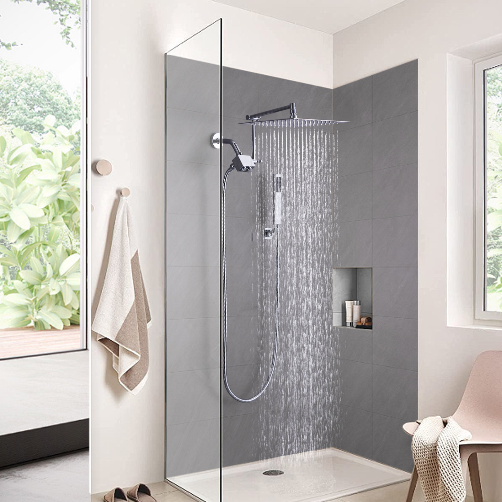 QMLALA 12 Inch All Metal Rain Shower Head with Handheld Combo Push ...