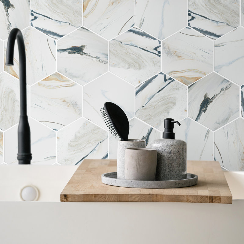 Merola Tile Marmaris Hex 9" x 10" Porcelain Marble Look Wall & Floor ...