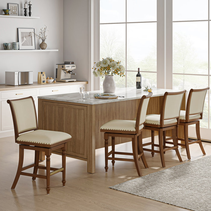 One Allium Way® Blerona Farmhouse Swivel Bar Stool With Nailhead Trims ...