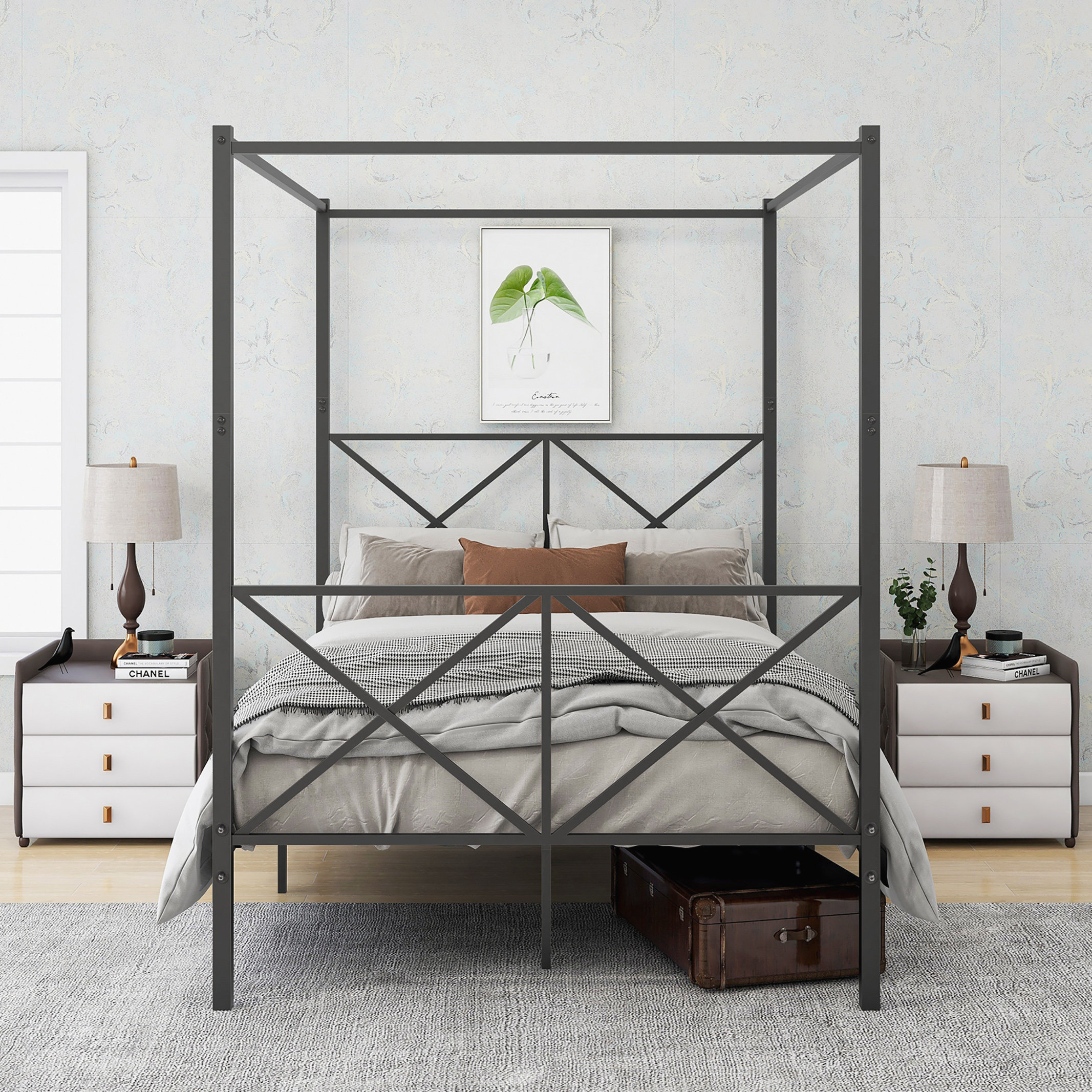 Gracie Oaks Faunsdale Canopy Metal Platform Bed with X Shaped Frame ...