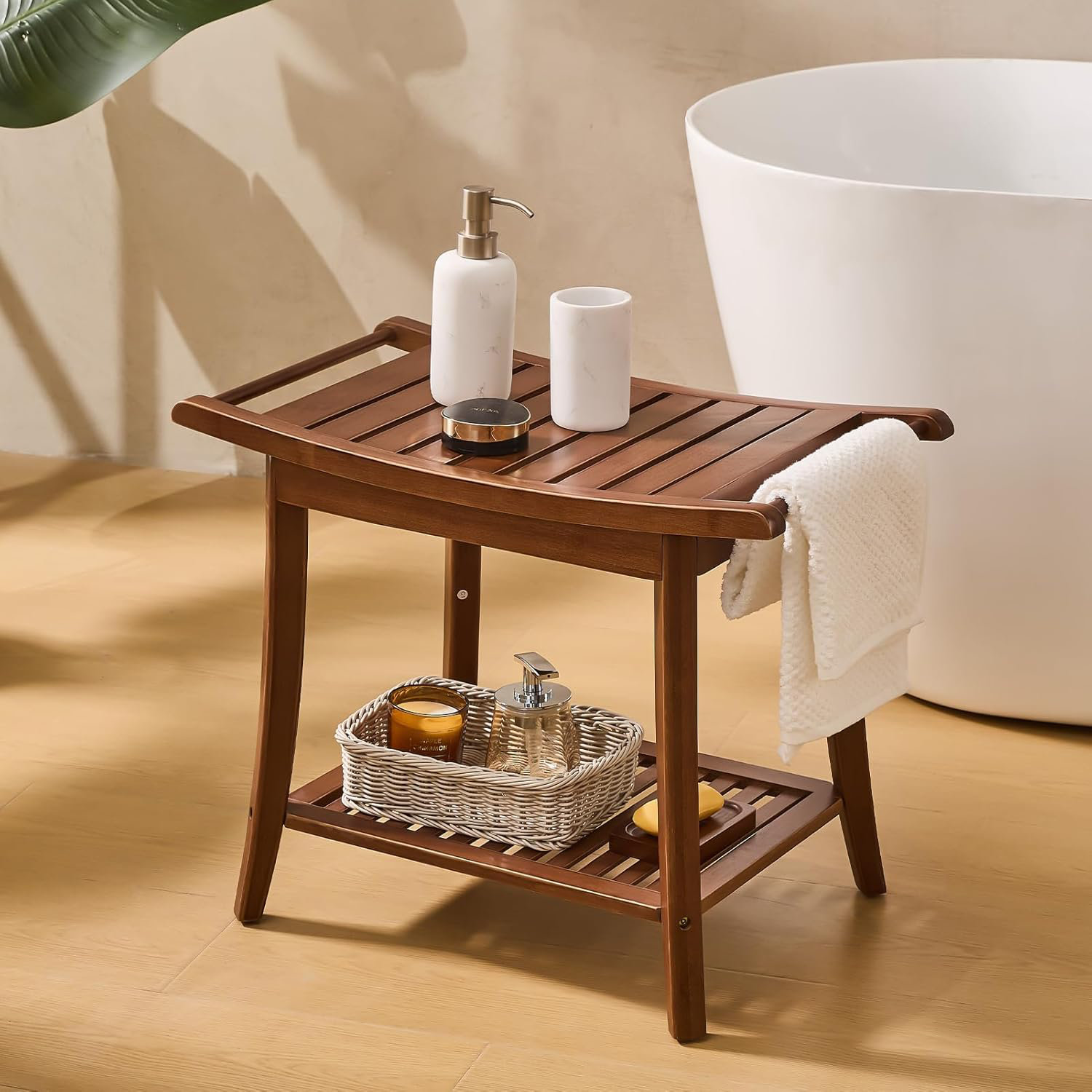 Minoky Bamboo Shower Bench Stool With Storage Shelf, Waterproof Shower ...