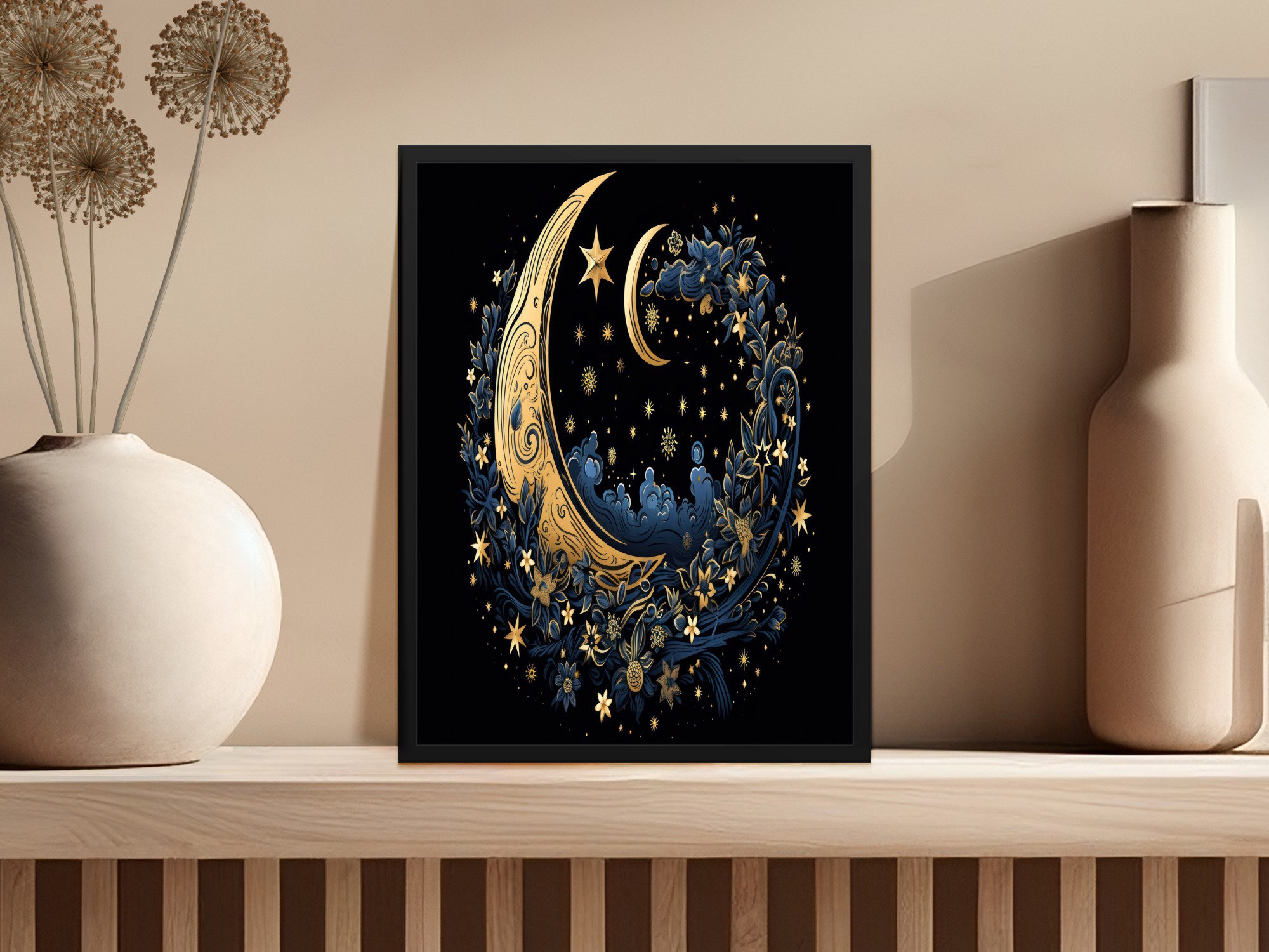 Lark Manor Celestial Crescent Moon Stars Floral Pattern Home Decor ...