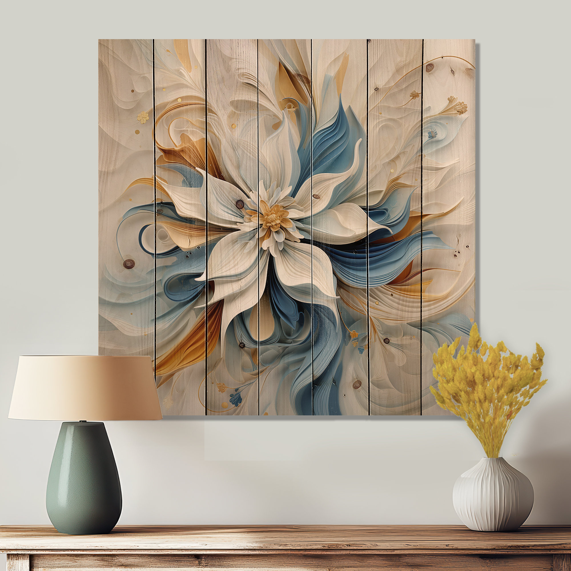 Design Art Abstract Blooming Magnolia White Amber Blue - Floral Wood ...