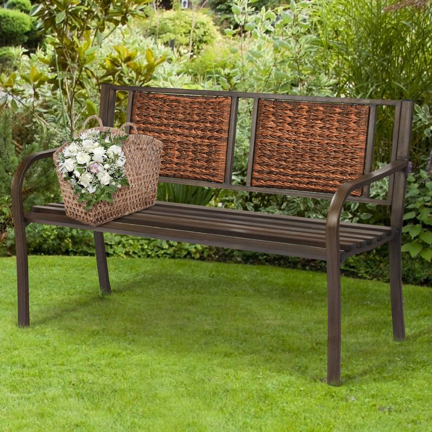 Winston Porter Patio Garden Bench with Wicker Backrest | Wayfair