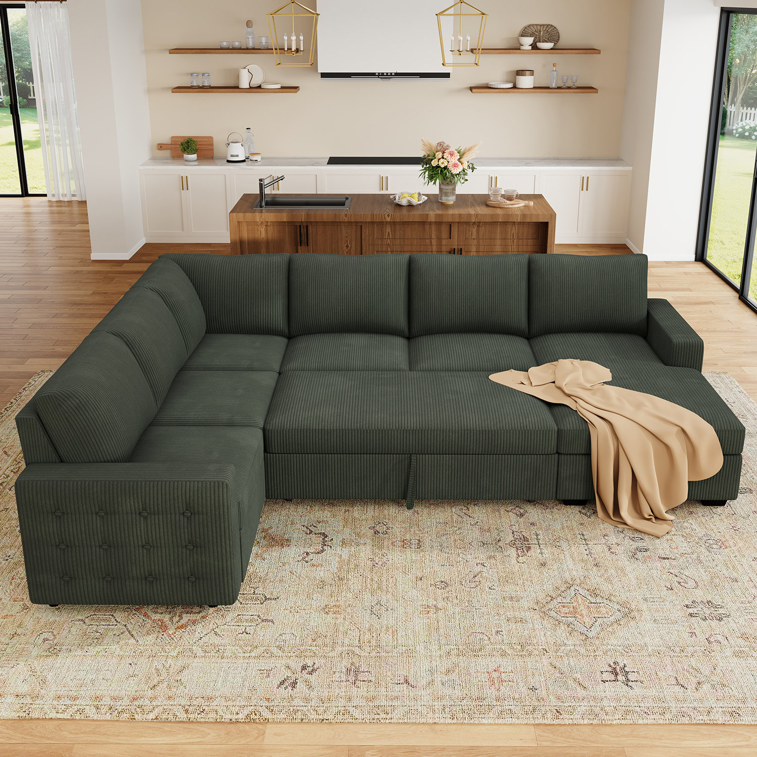 Ebern Designs Brunella U-shaped Corduroy Sectional Sleeper Sofa Pull ...
