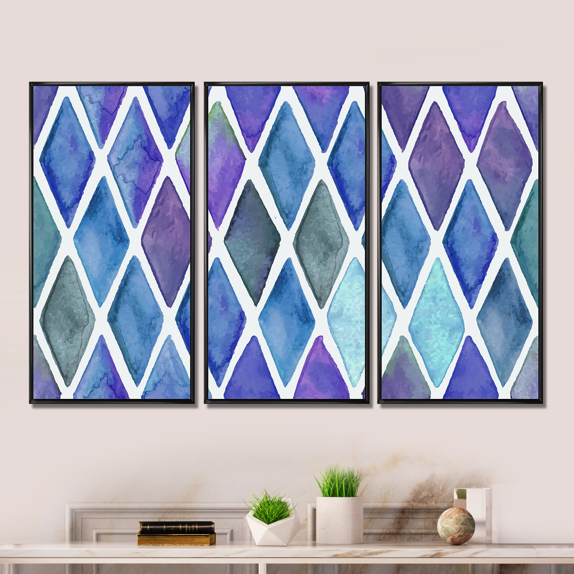 Ebern Designs Blue and Purple Diamonds - 3 Piece Floater Frame Print on ...