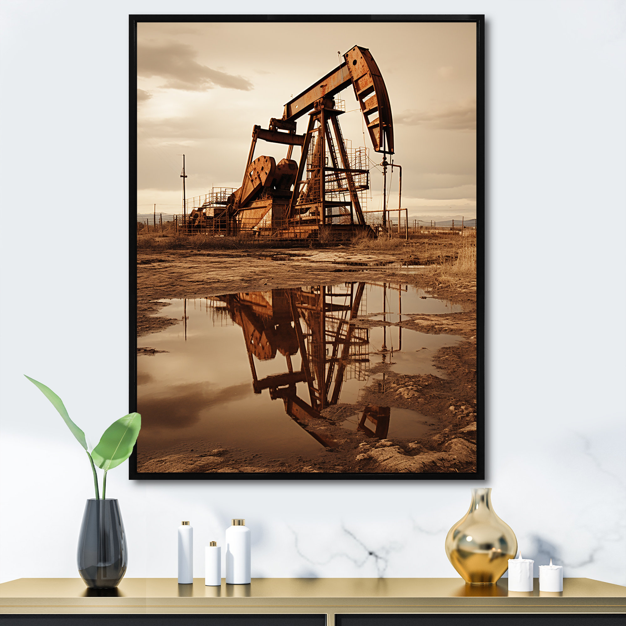Design Art Modern Sepia Drilling Rig Field I - Oil Rigs / Fields Wall ...