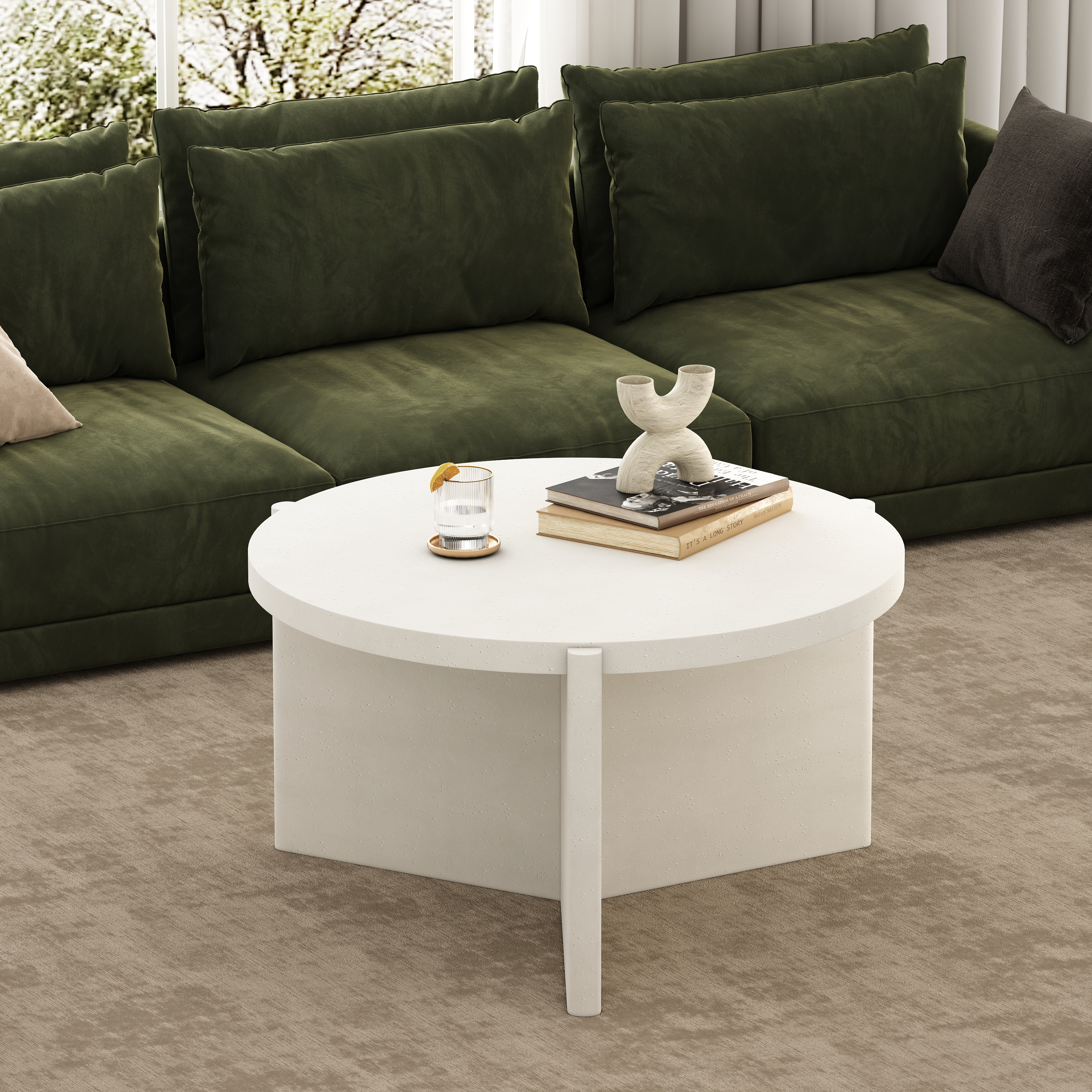 Orren Ellis Modern White Circular Coffee Table with Architectural Base ...