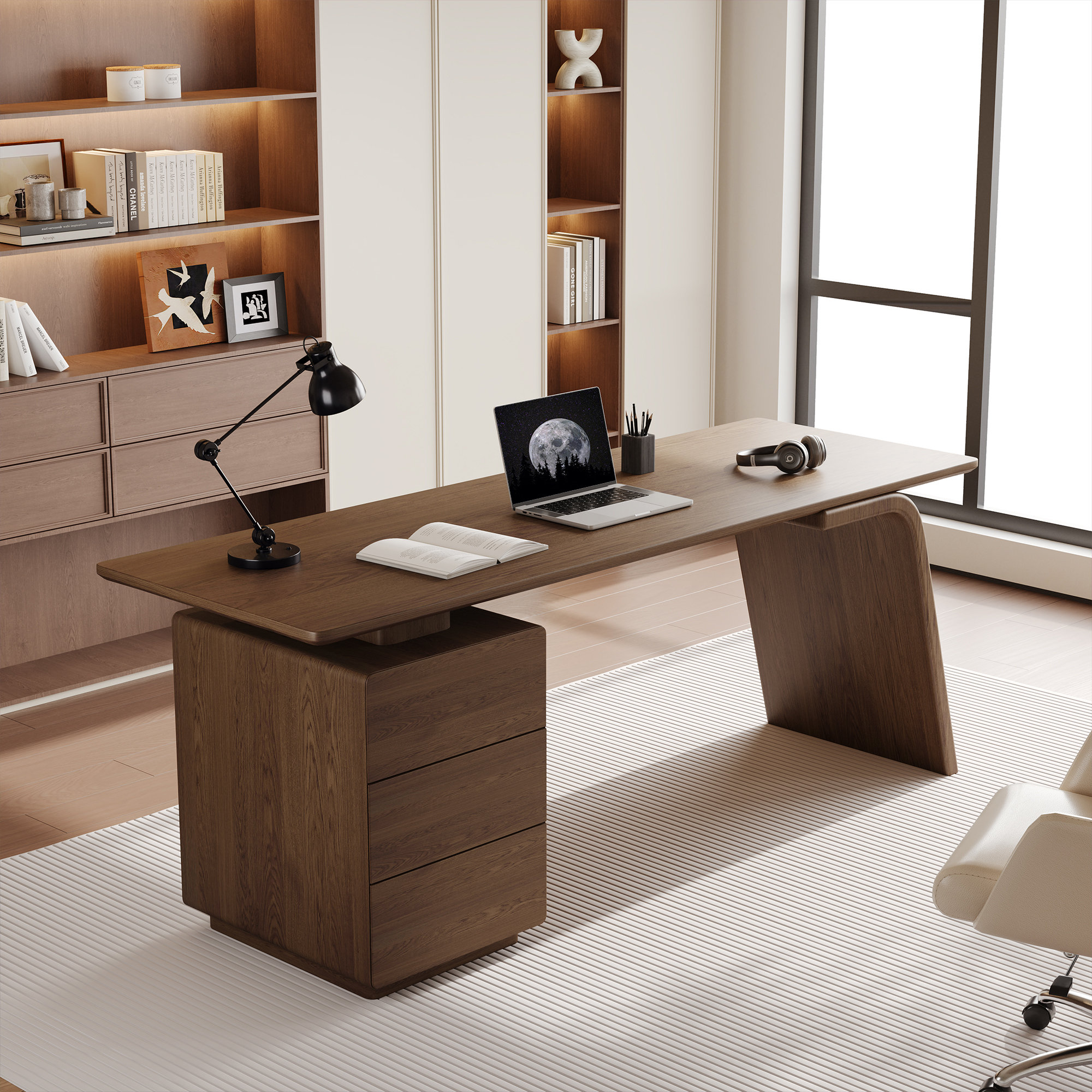 Hokku Designs Modern Wood Veneer Office Desk With 3-Drawer Cabinet – Rectangular Writing Table ...