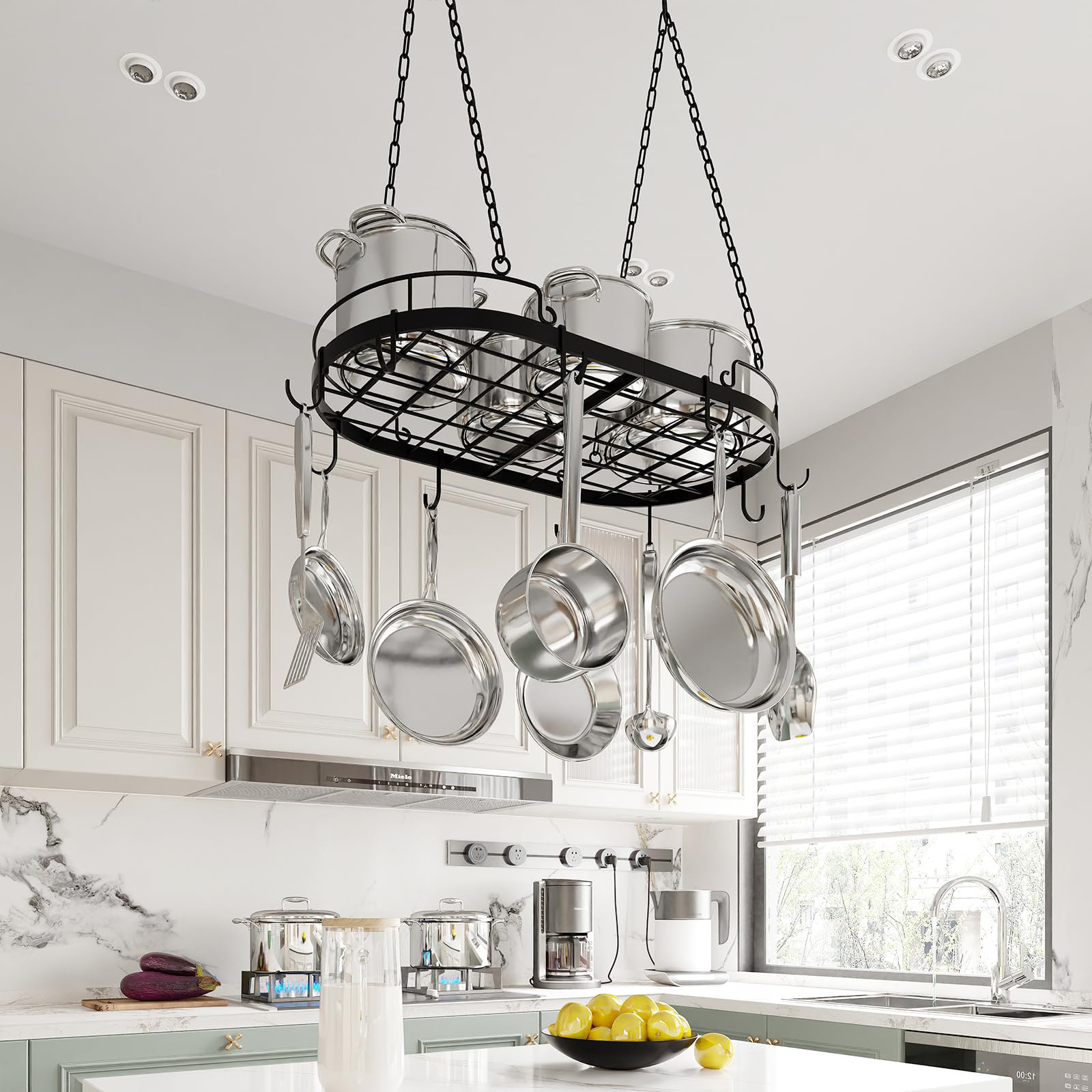 Latitude Run® 24.4” Metal Pot Rack Hanging, Oval Pan Rack Hanging With ...