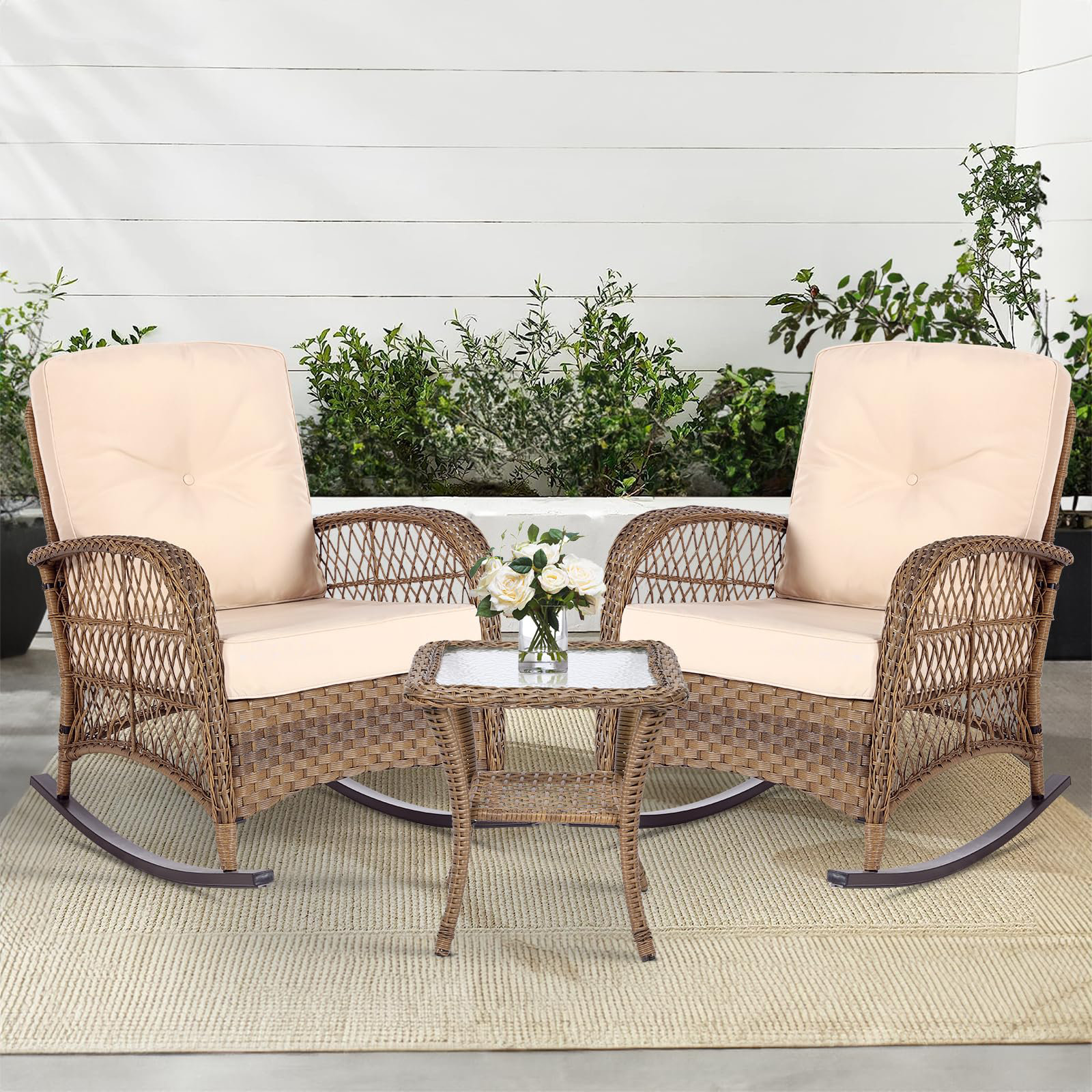 Bayou Breeze 3 Pieces Outdoor Wicker Rocking Chair Set, Rattan Patio ...