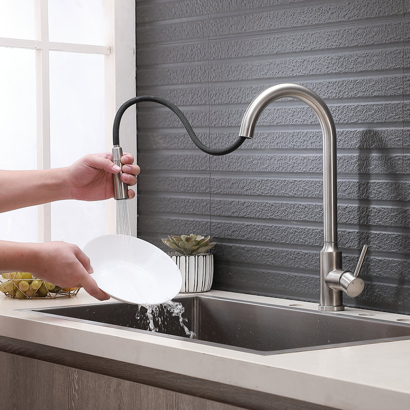 Hotis Brushed Nickel Pull Down Single Handle Sprayer Kitchen Sink ...
