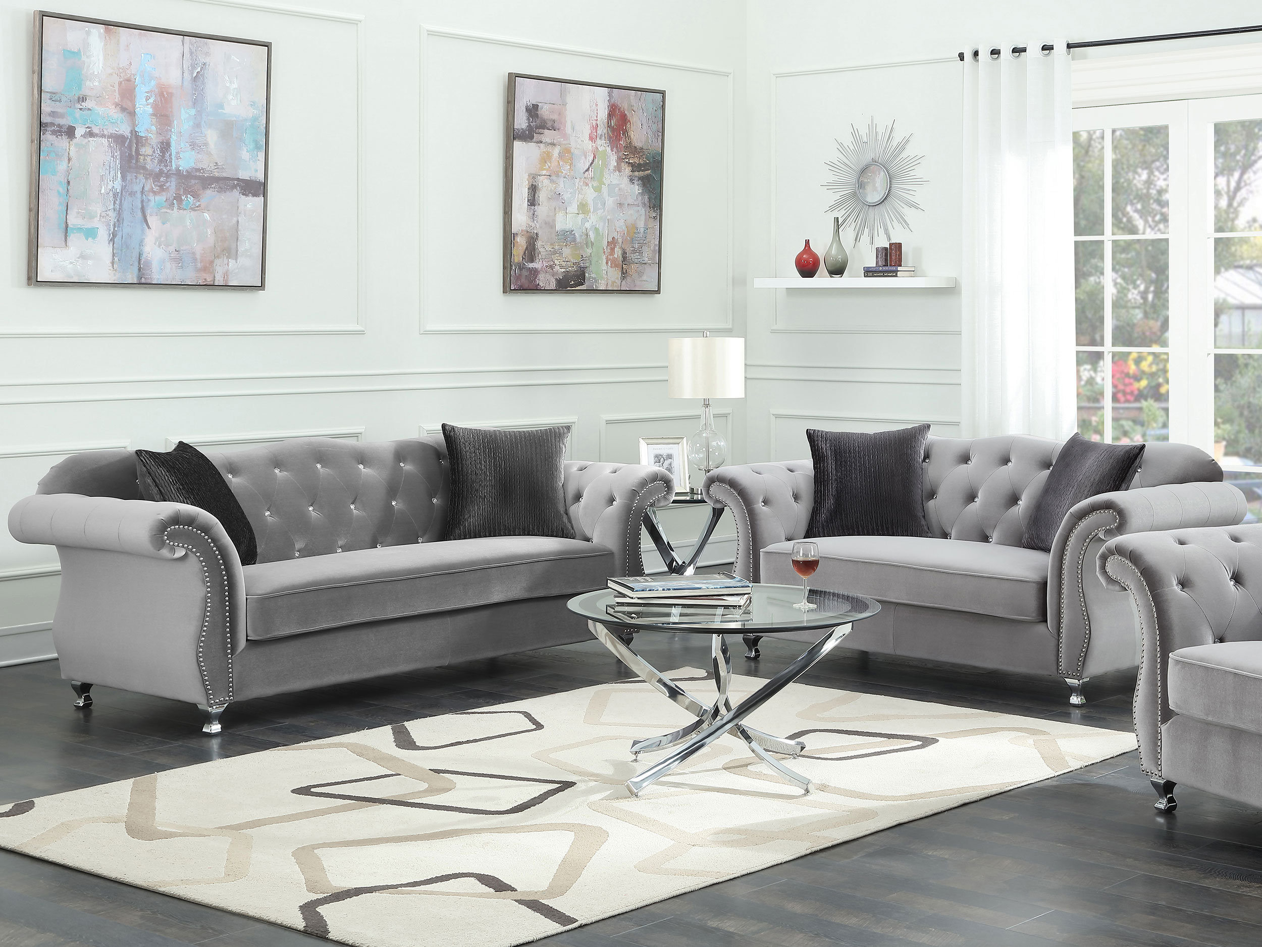 Rosdorf Park Frostine 2-Piece Upholstered Tufted Sofa Set Silver | Wayfair