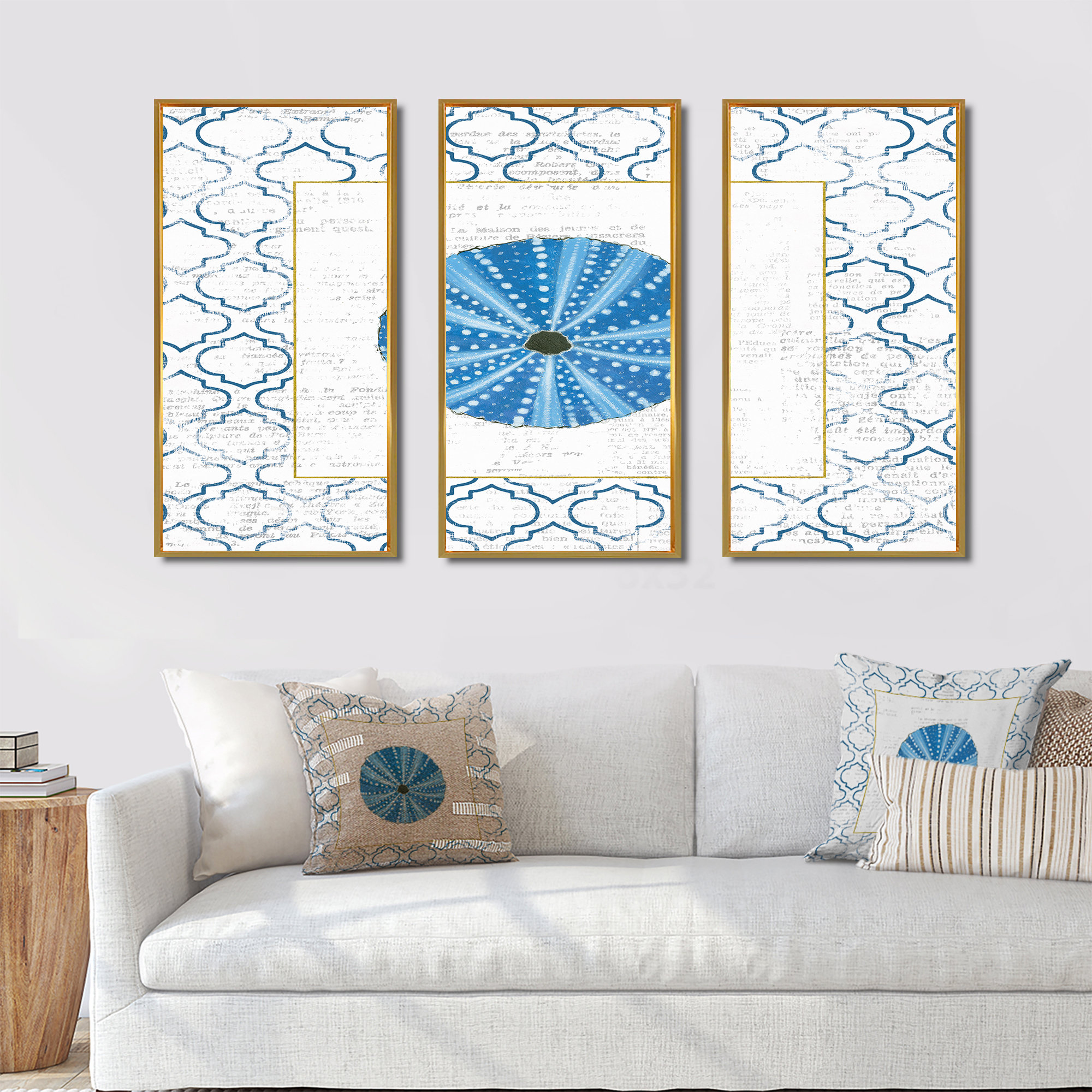 Design Art Blue Conch Shell On Blue Coastal Pattern - Nautical ...