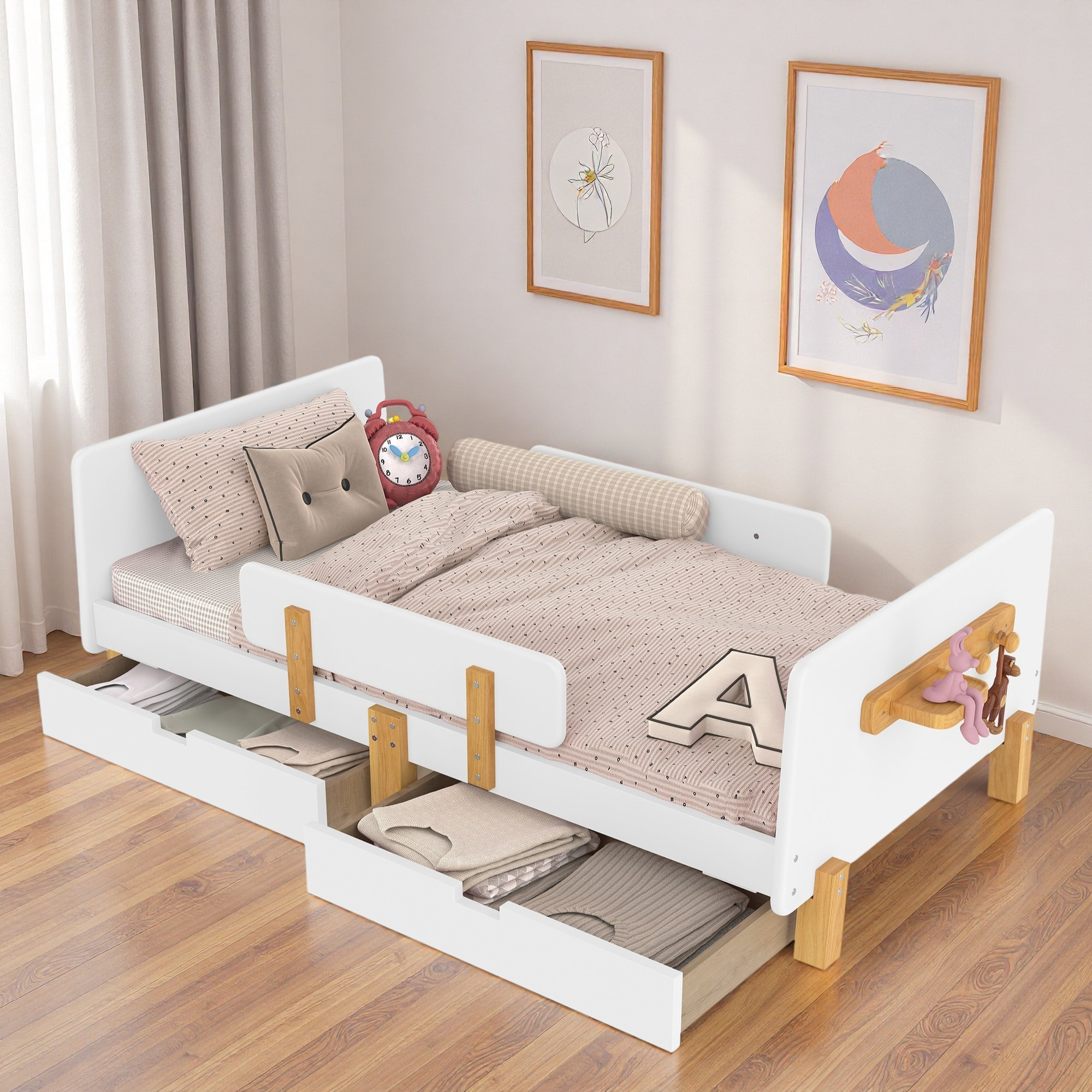 Latitude Run® Platform Bed With Storage Drawers, Guardrail, Small Shelf ...