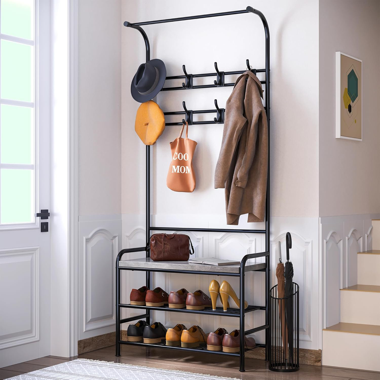 17 Stories Space-Saving Entryway Bench With Coat Rack, Sturdy ...
