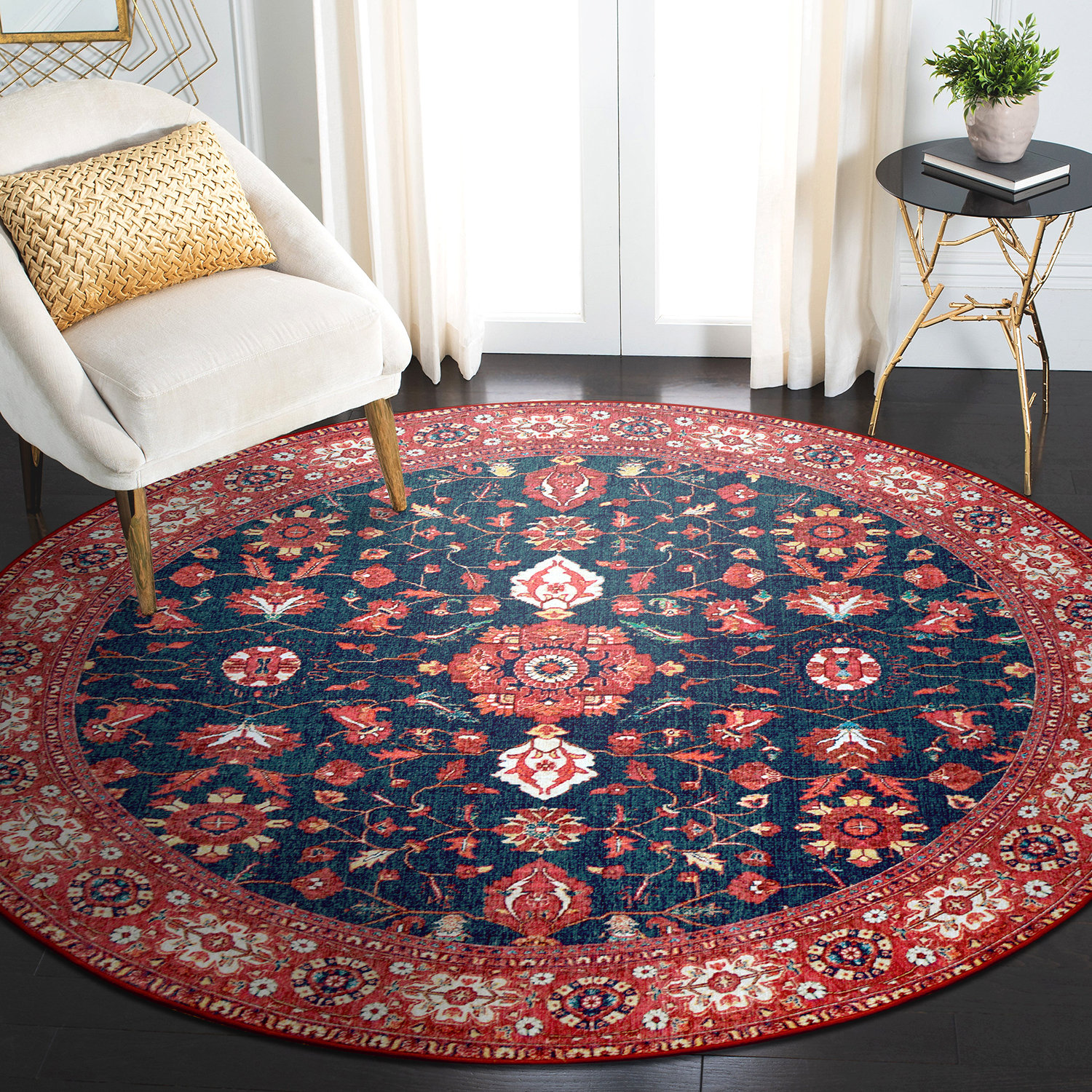 My Magic Carpet Machine Washable Round Area Rug Ramage Indigo 6X6 ...
