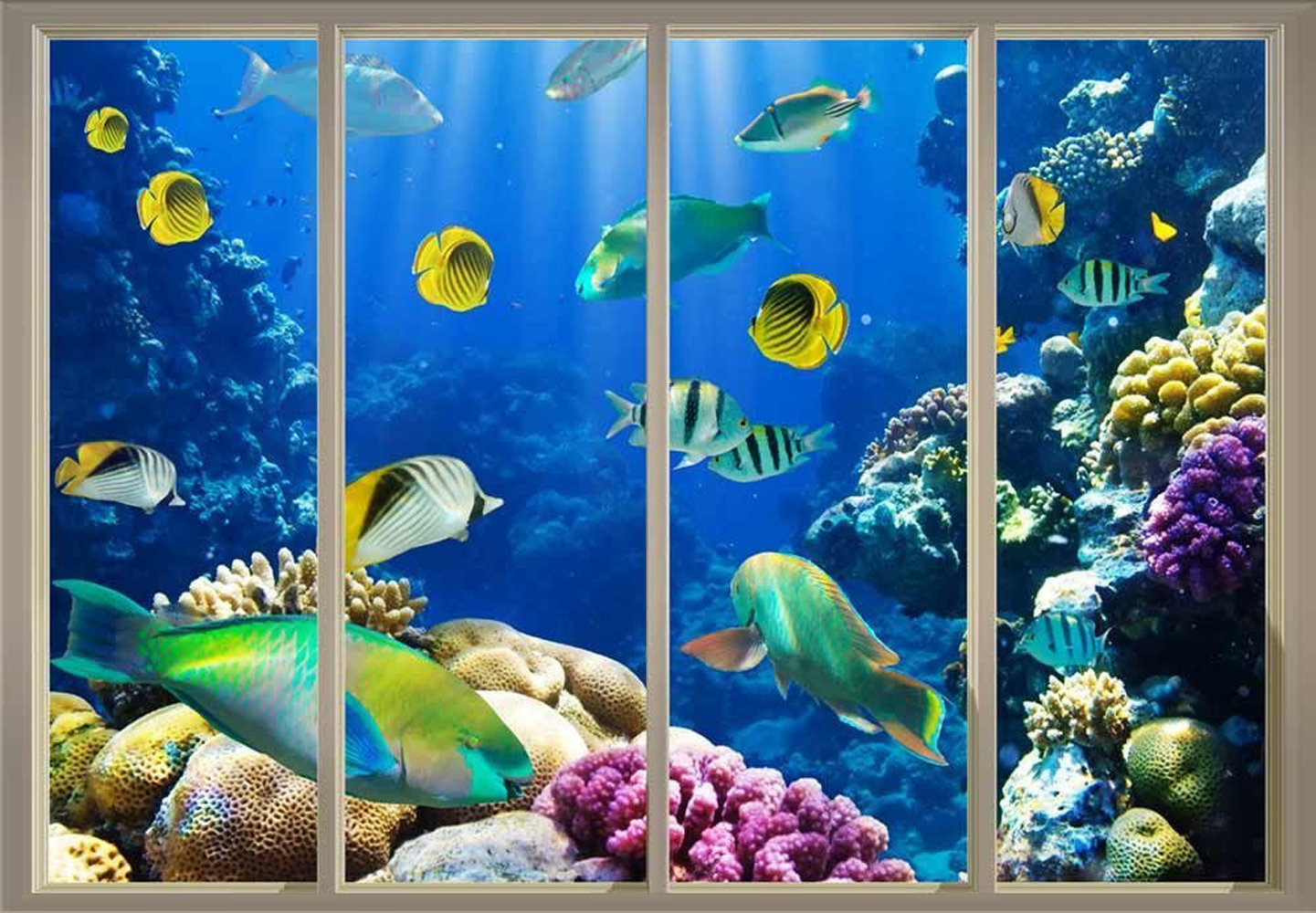 IDEA4WALL Colorful Striped Fish Swimming over Colorful Coral Reefs ...