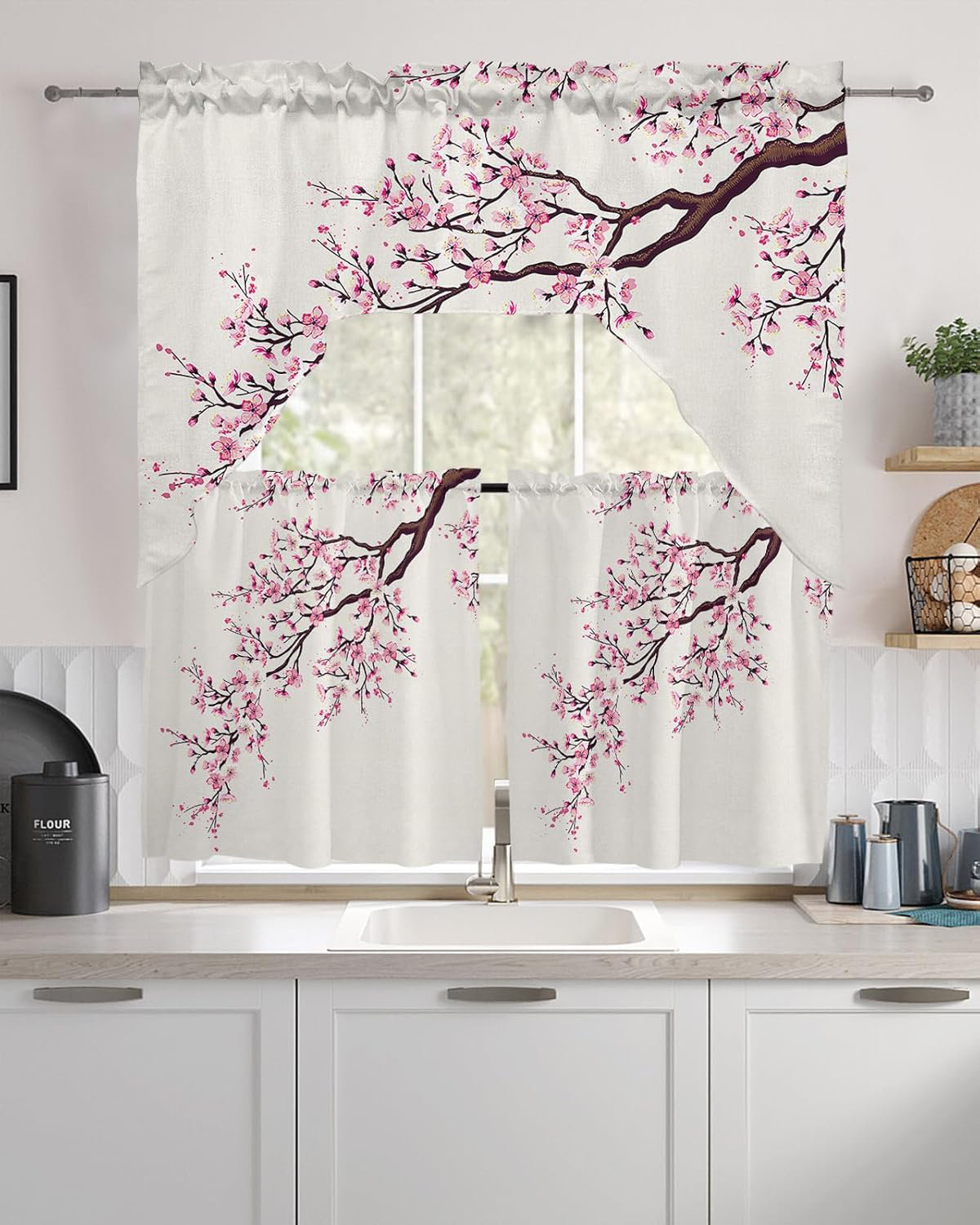 RAPTIZ Cherry Blossom Kitchen Curtains Swag Valance And Tier Curtains Set 24 Inch Length, Rod ...