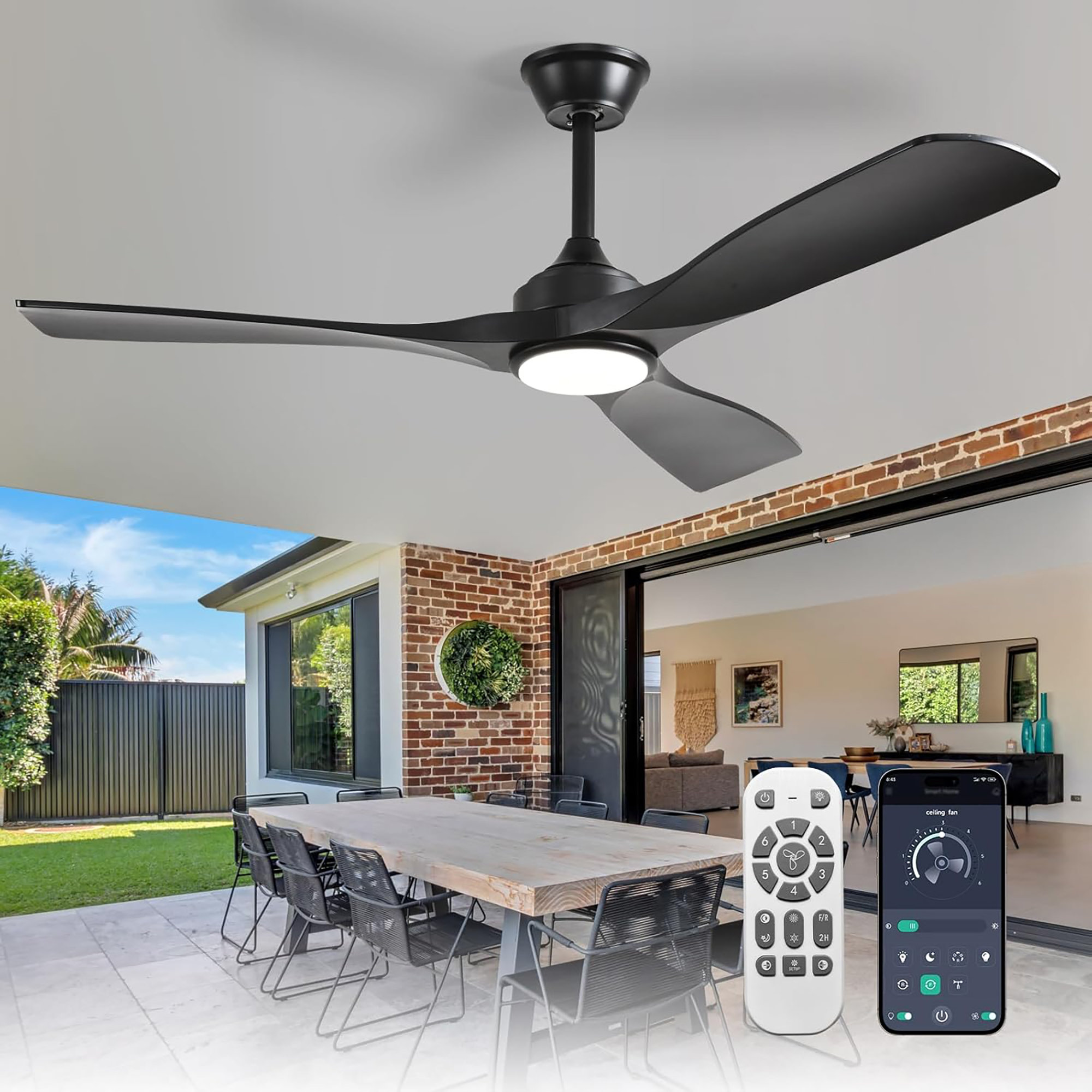 Wrought Studio 52-Inch Ceiling Fan With Light: Black 3 Blade Outdoor ...