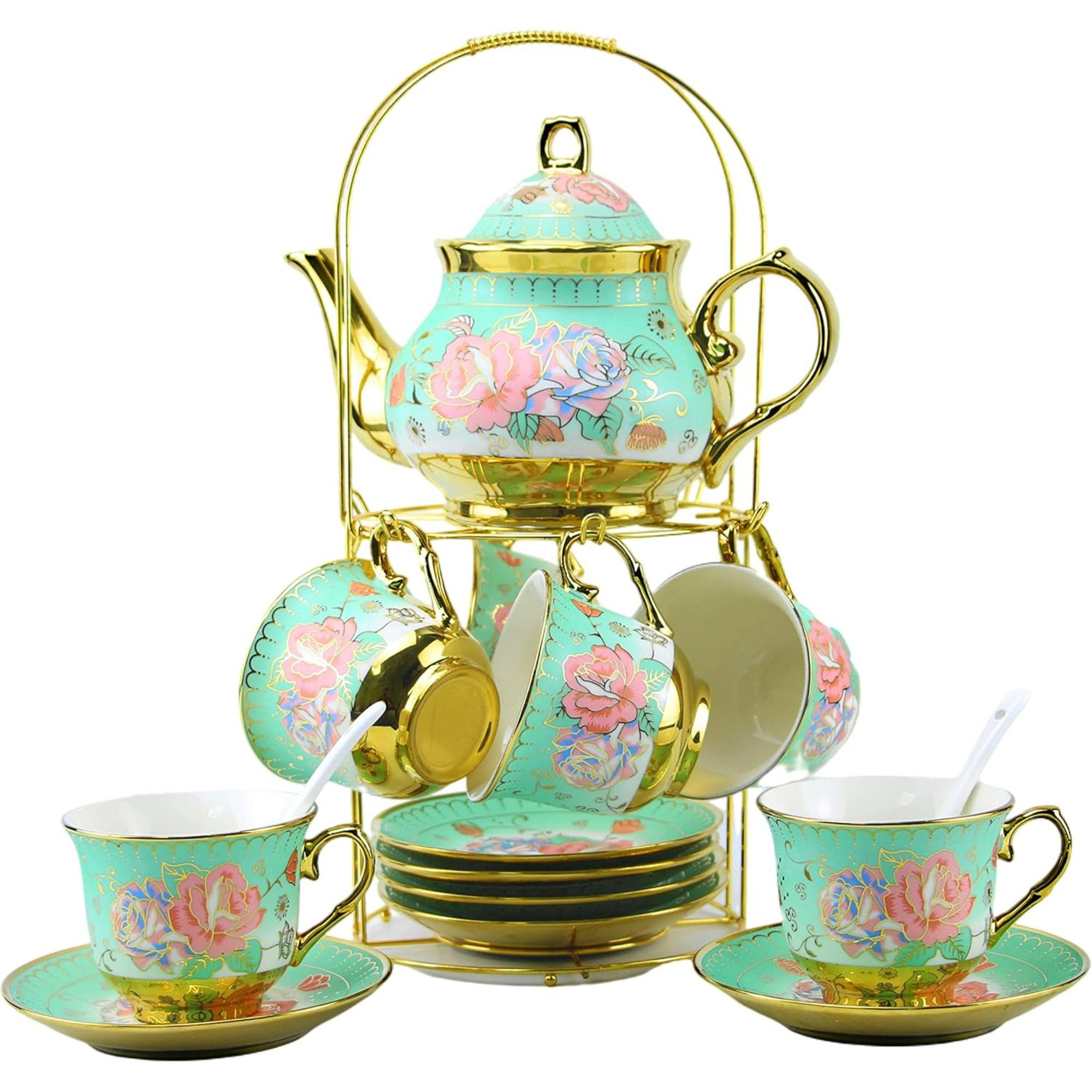 House of Hampton® 20 Pieces Porcelain Tea Set With Metal Holder ...