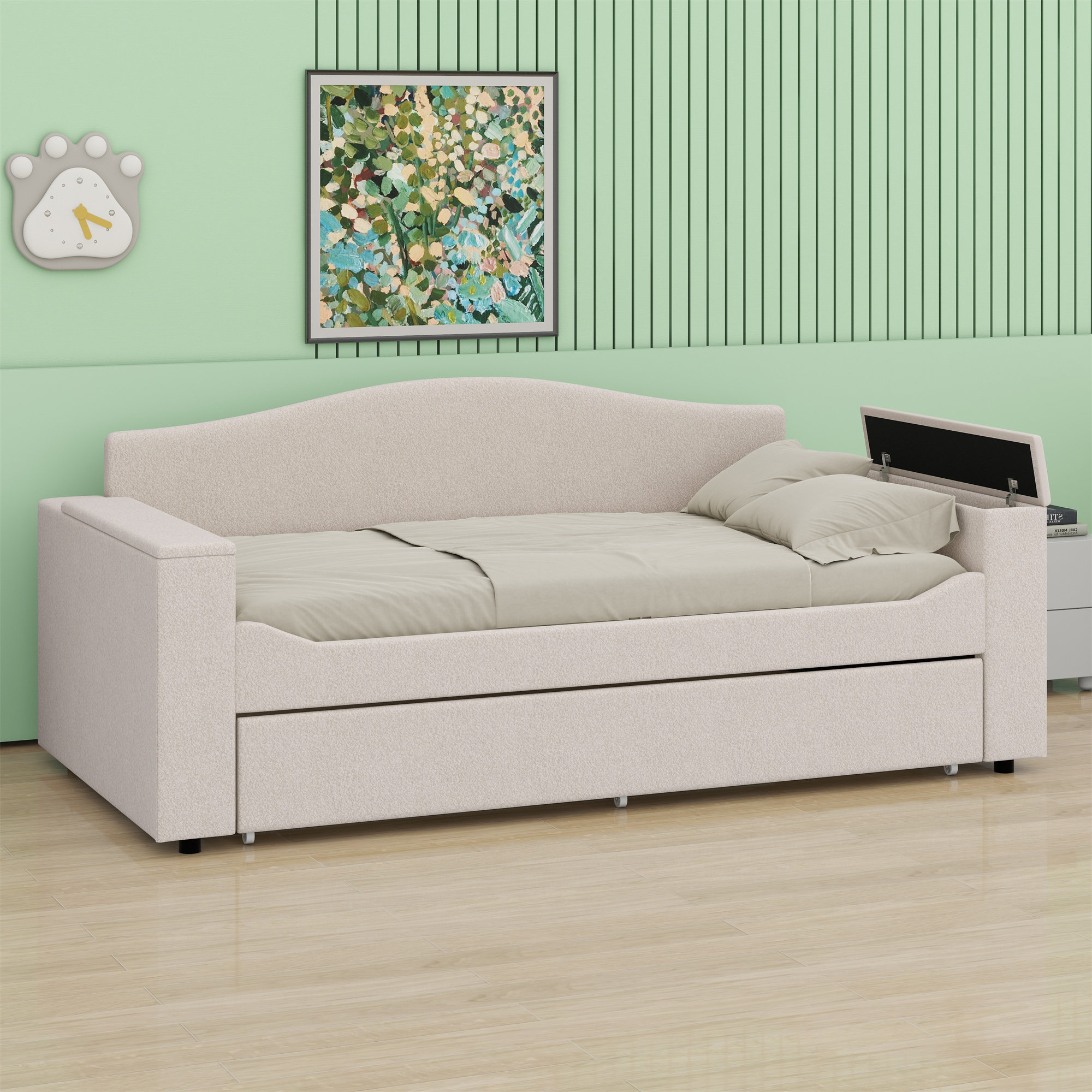 Latitude Run® Upholstered Daybed With Storage Armrests,Trundle And ...