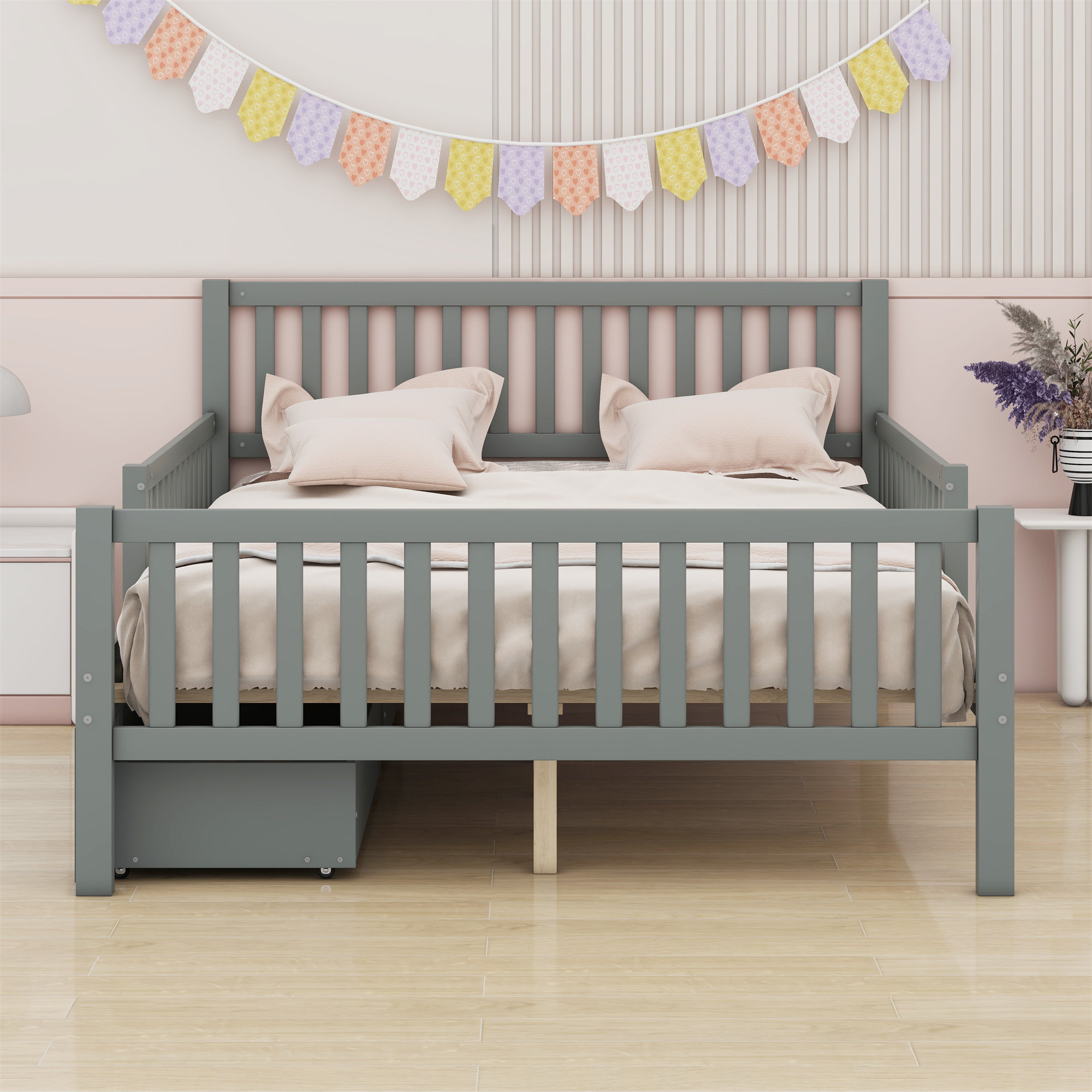 Red Barrel Studio Lit plateforme en bois avec garde-corps des deux côtés et deux tiroirs de ...