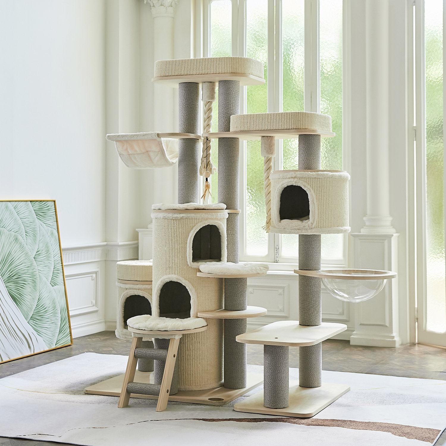 KZLAA 63'' HLarge Solid Wood Cat Tree Multi-Level Tall Cat Tower Cat ...