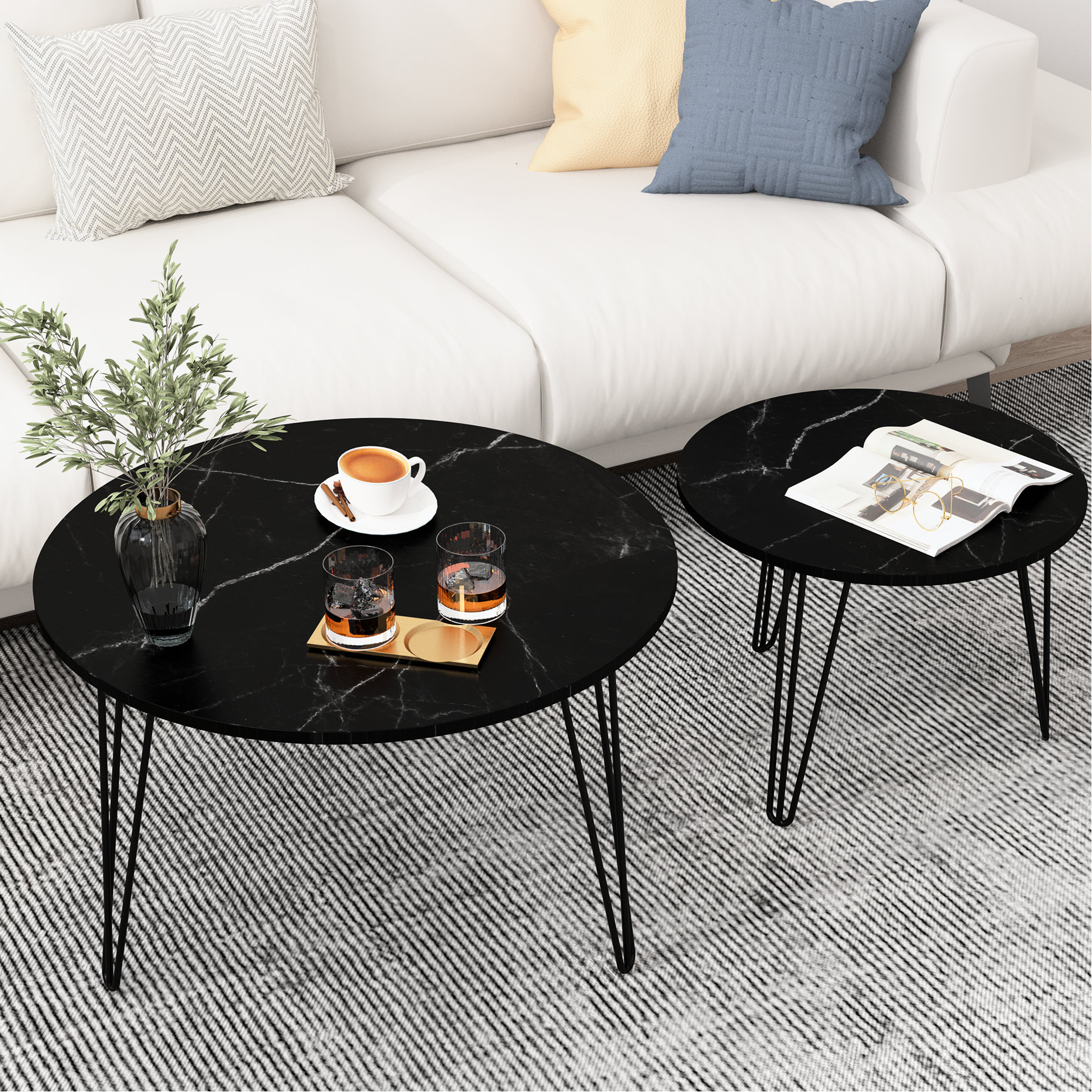Ebern Designs 28.37'' Round Nesting Coffee Table Pair, End Tables With ...