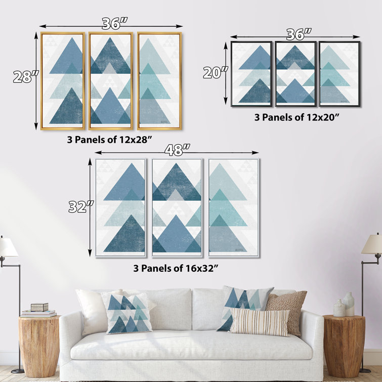 DesignArt Minimal Triangles IV Blue Framed On Canvas 3 Pieces Print ...
