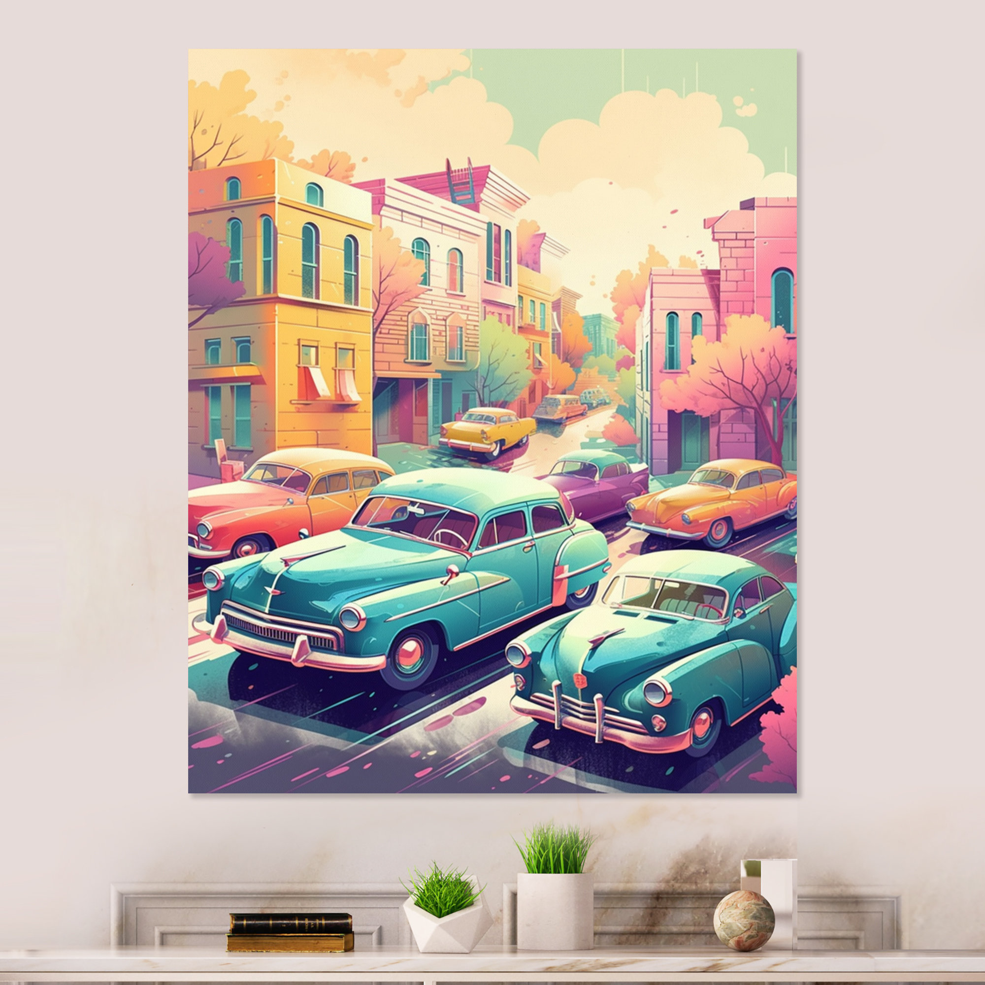 Williston Forge Green And Coral Retro Roadsters - Cars Retro Metal Wall ...