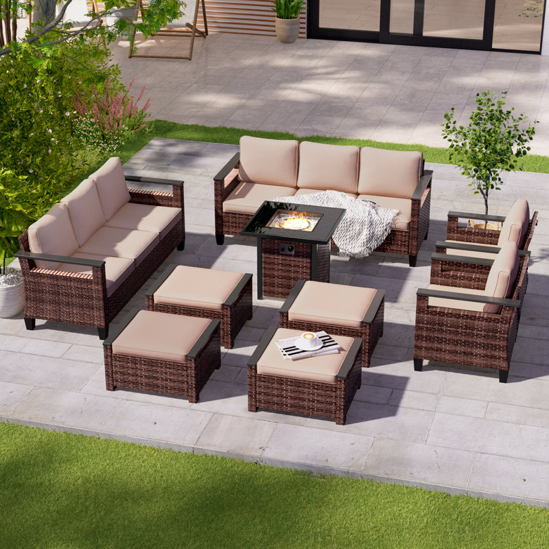 Causeway Bay 9 Piece Patio Conversation Sofa Set with 28'' Fire Table ...