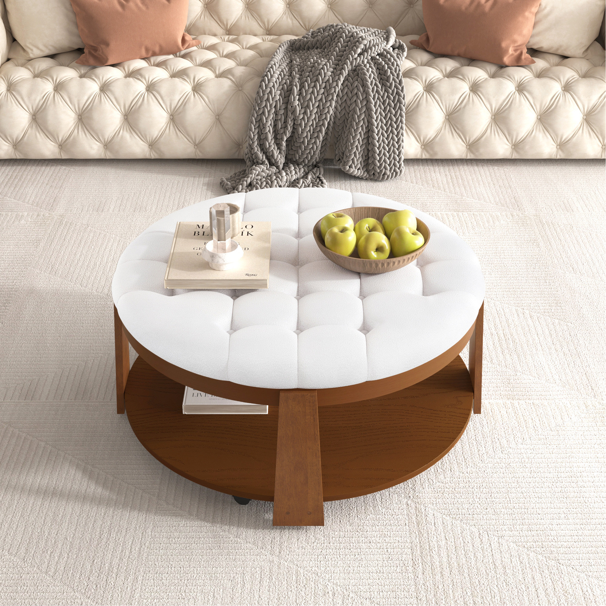 Millwood Pines Modern Large Round Ottoman Coffee Table 2-Tier Oversized ...