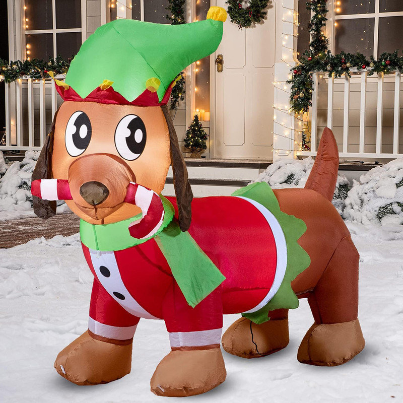 The Holiday Aisle® 5 FT Long Christmas Inflatable Puppy Holding A Candy ...