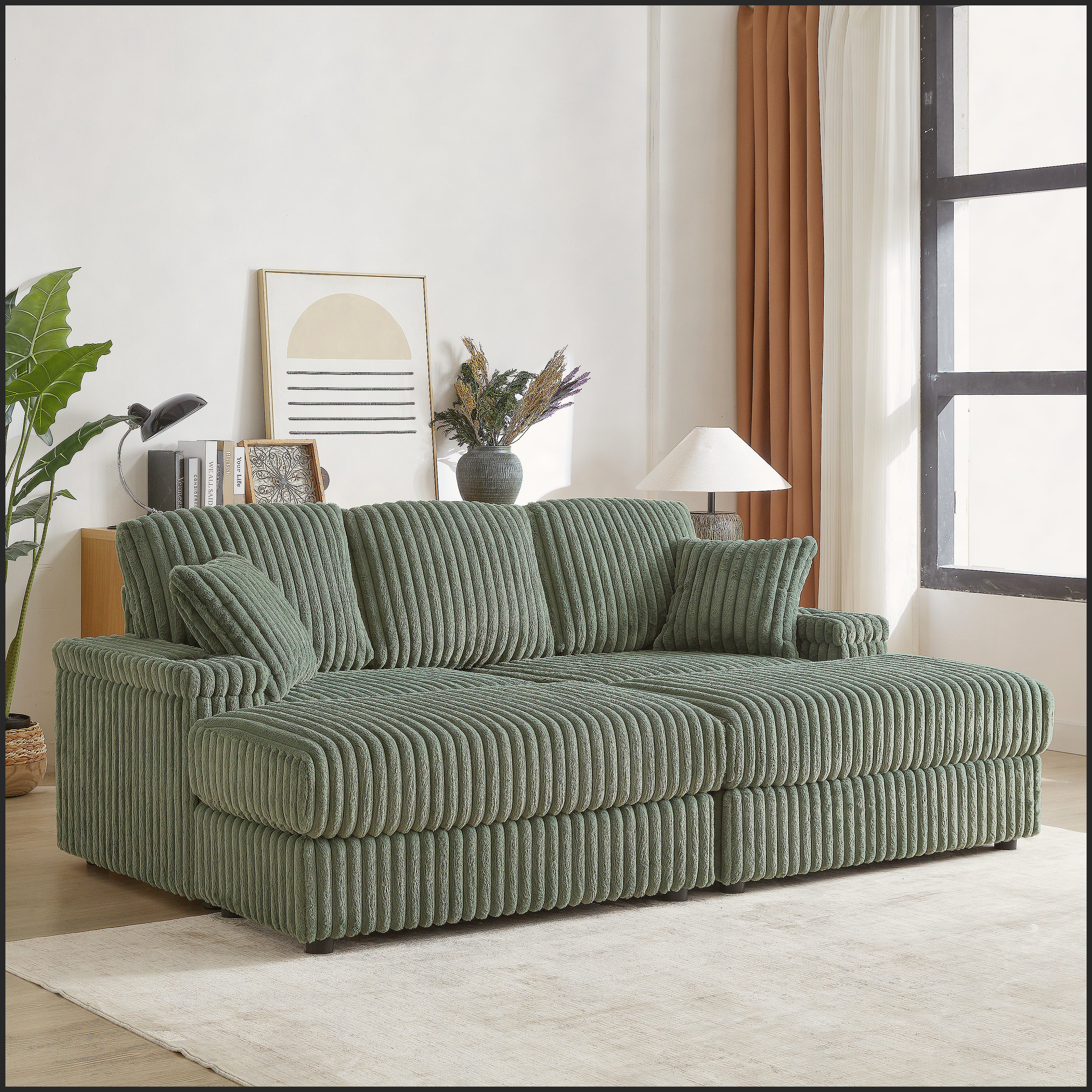 Latitude Run® 84 Inch Corduroy 3-Seater Sofa with Pillows, Ottomans ...