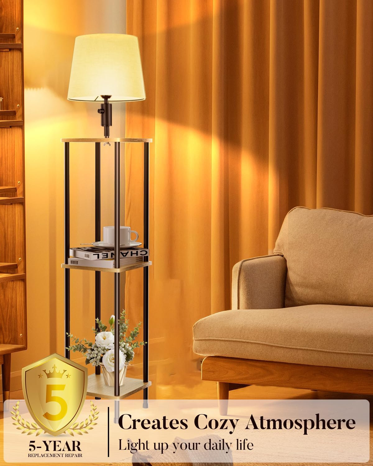 Ebern Designs Shelf Floor Lamp 3-Tier, Dimmable Floor Lamp with Shelves ...